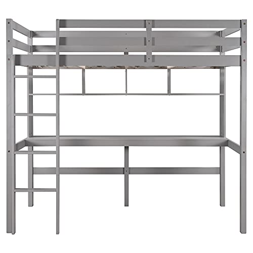 GLORHOME Twin High Loft Bed with Under-Bed Desk & 2-Tier Storage Shelves Ladder Safety Guard Rails, Space Saving Bedroom Furniture for Teens Adults