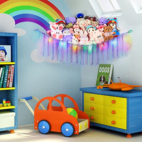 Stuffed Animal Net or Hammock with LED Light, Toy Hammock Hanging Stuffed Animal Storage Organizer Holder Room Décor with Tassels for Nursery Play Room Kids Bedroom (Purple)