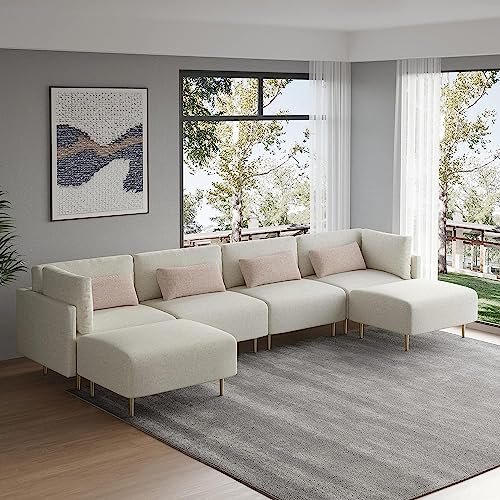 MGH 143''Convertible Sectional Sofa , Modern Linen Fabric U-Shape Modular Couch 4-Seat Sofa Sectional with Reversible Ottomans for Apartment Living Room Furniture Sets, Beige (HQ-023B)