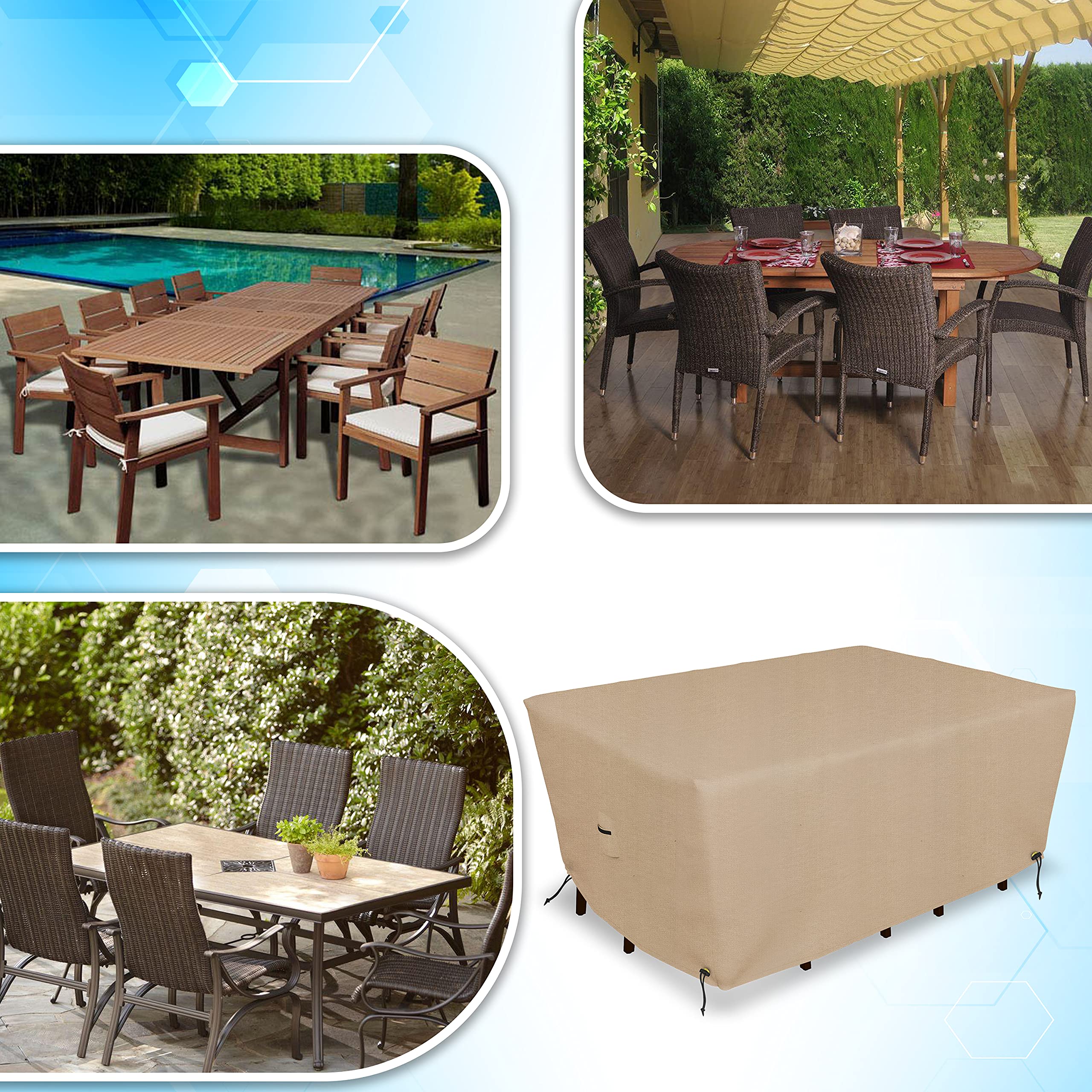 Patio Table & Chair Set Cover 600 D Polyester Oxford Fabric - Water Repellent Outdoor Rectangle Dining Table Cover with Padded Handles, Air Pockets & Drawstring (Beige, 57” L X 45” D X 25” H)