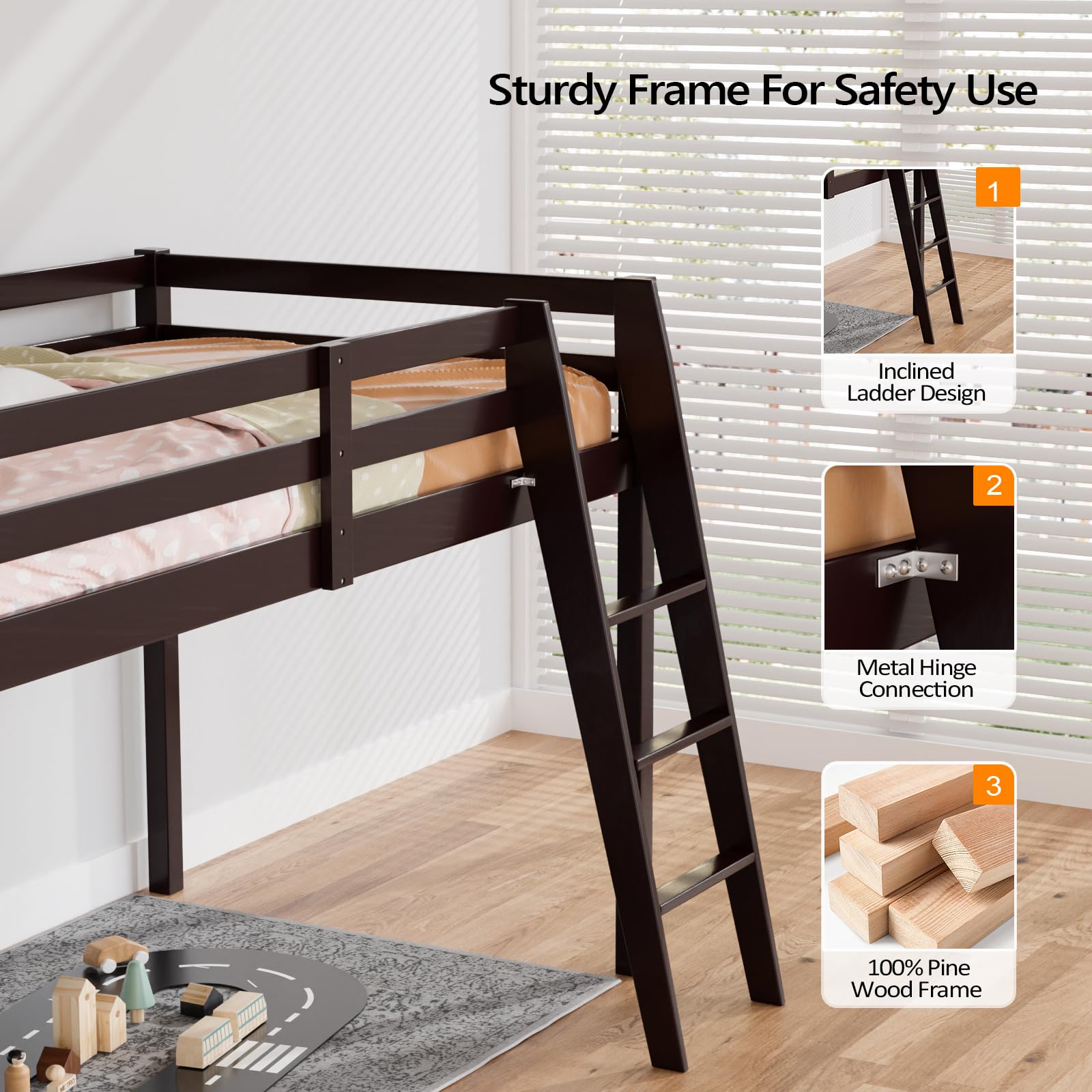VINGLI 47'' Tall Junior Low Loft Bed with Stairs, White Wood Loft Bed Twin Size for Adults, Kids and Young Teens, No Box Spring Required,Wood Slat Support