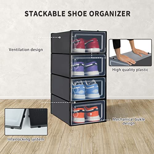 Hrrsaki 15 Pack Shoe Storage Boxes, Black Plastic Stackable Shoe Organizer Boxes with Front Opening Lids, Ventilation and Dust-proof, Shoe Container Boxes for Closet, Bedroom, Bathroom, Fit for Women/Men Size 9(13β x 9β x 5.5β)
