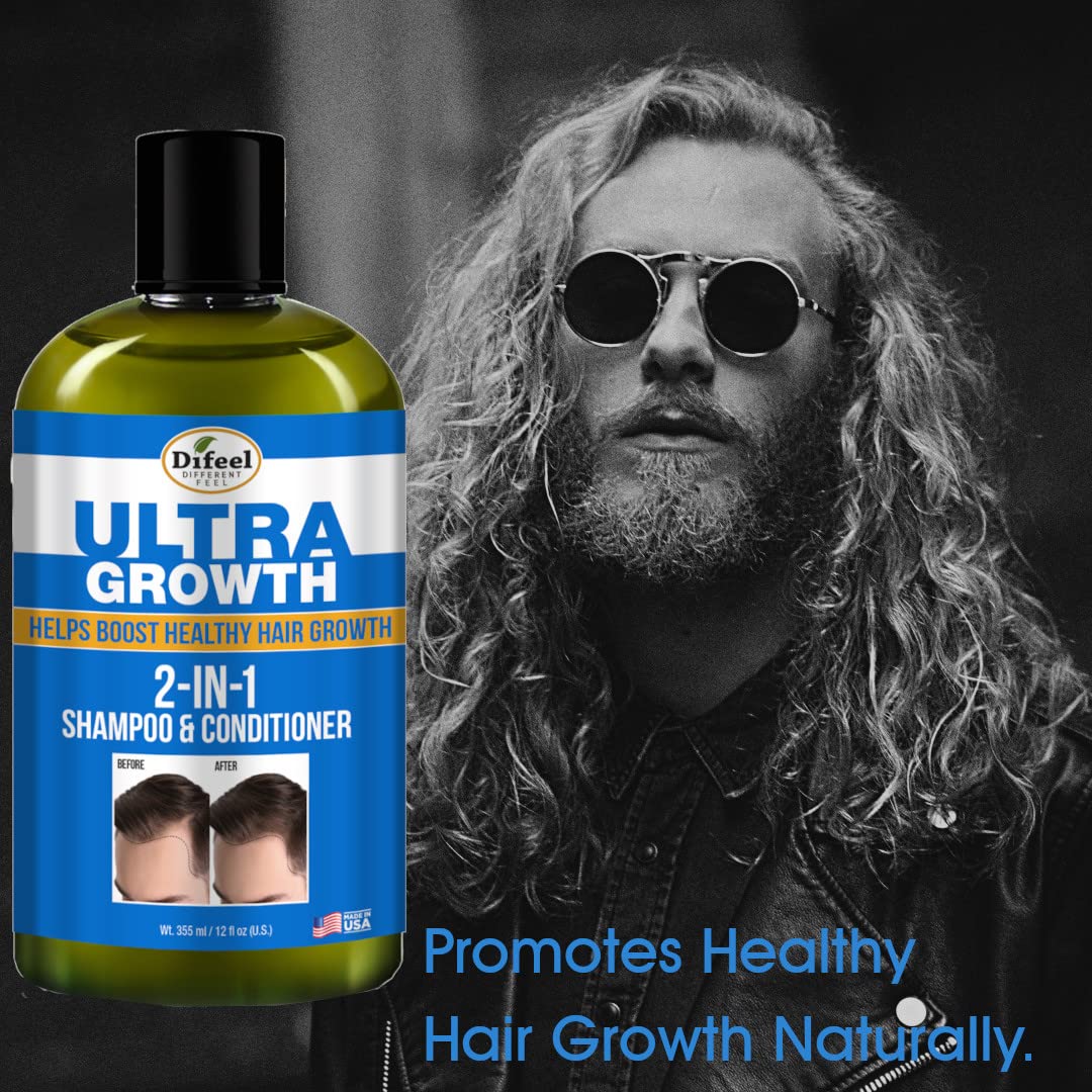 Difeel Mens Ultra Growth 2-in-1 Shampoo and Conditioner 12 oz. - Sulfate Free Shampoo & Conditioner for Men