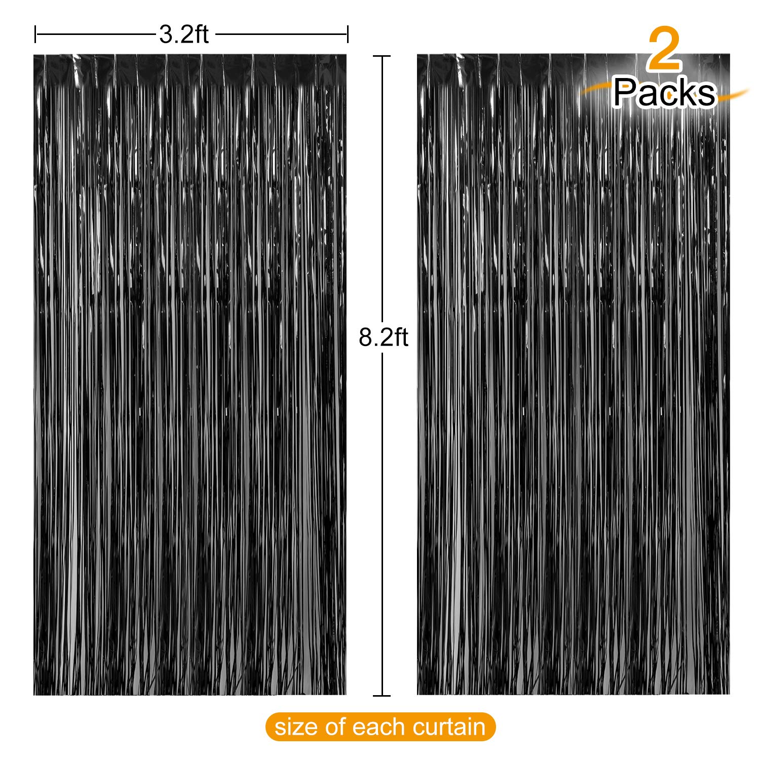 CHRORINE 2pcs 3ft x 8.3ft Black Tinsel Fringe Curtains Streamers Photo Backdrop for Birthday Graduation Halloween Anniversary Party Decorations