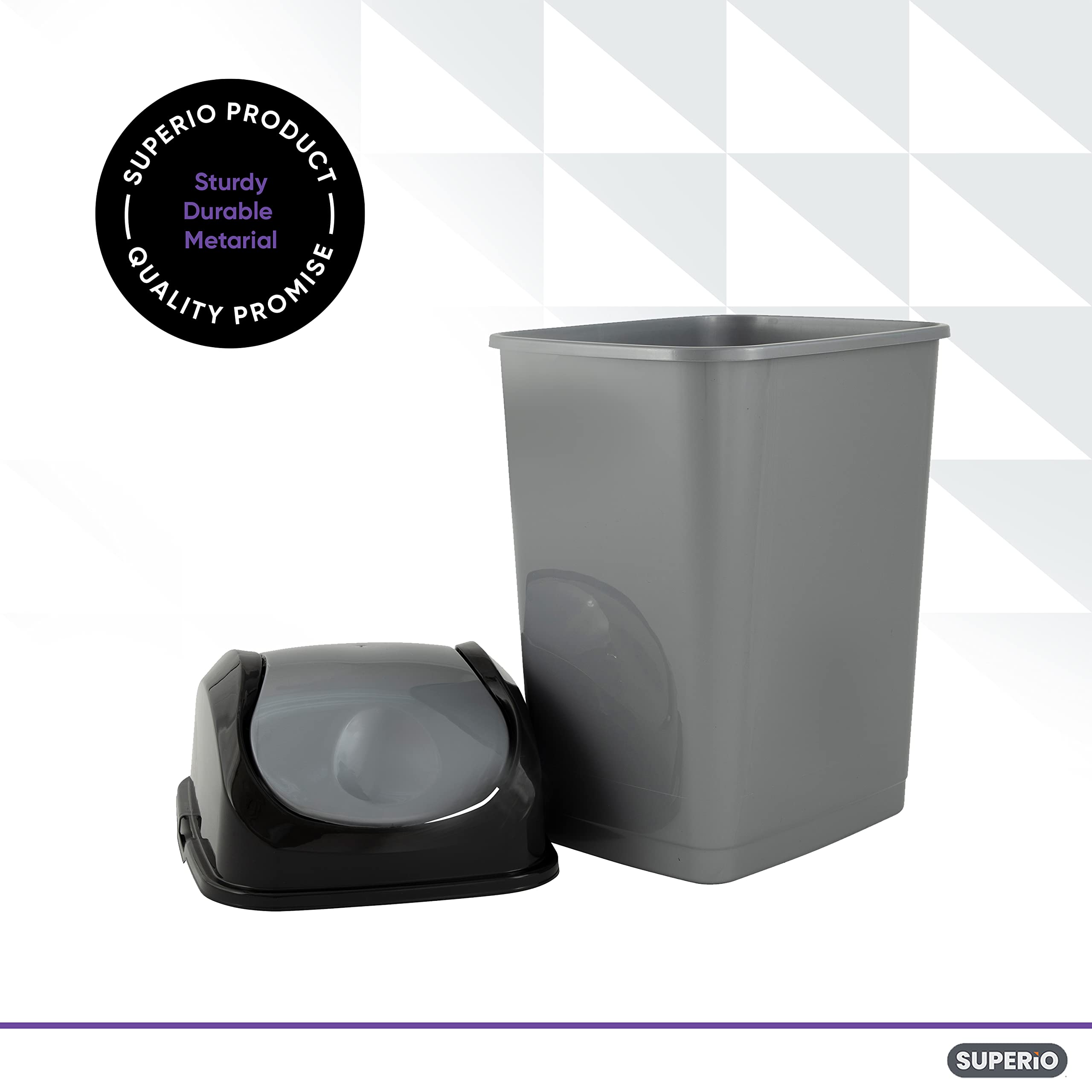 Superio Swing Top Trash Can,Set of 3 Waste Bins for Home, Kitchen, Office, Bedroom, Bathroom, Ideal for Large or Small Spaces - White (Grey-10 qt+2 5 qt)