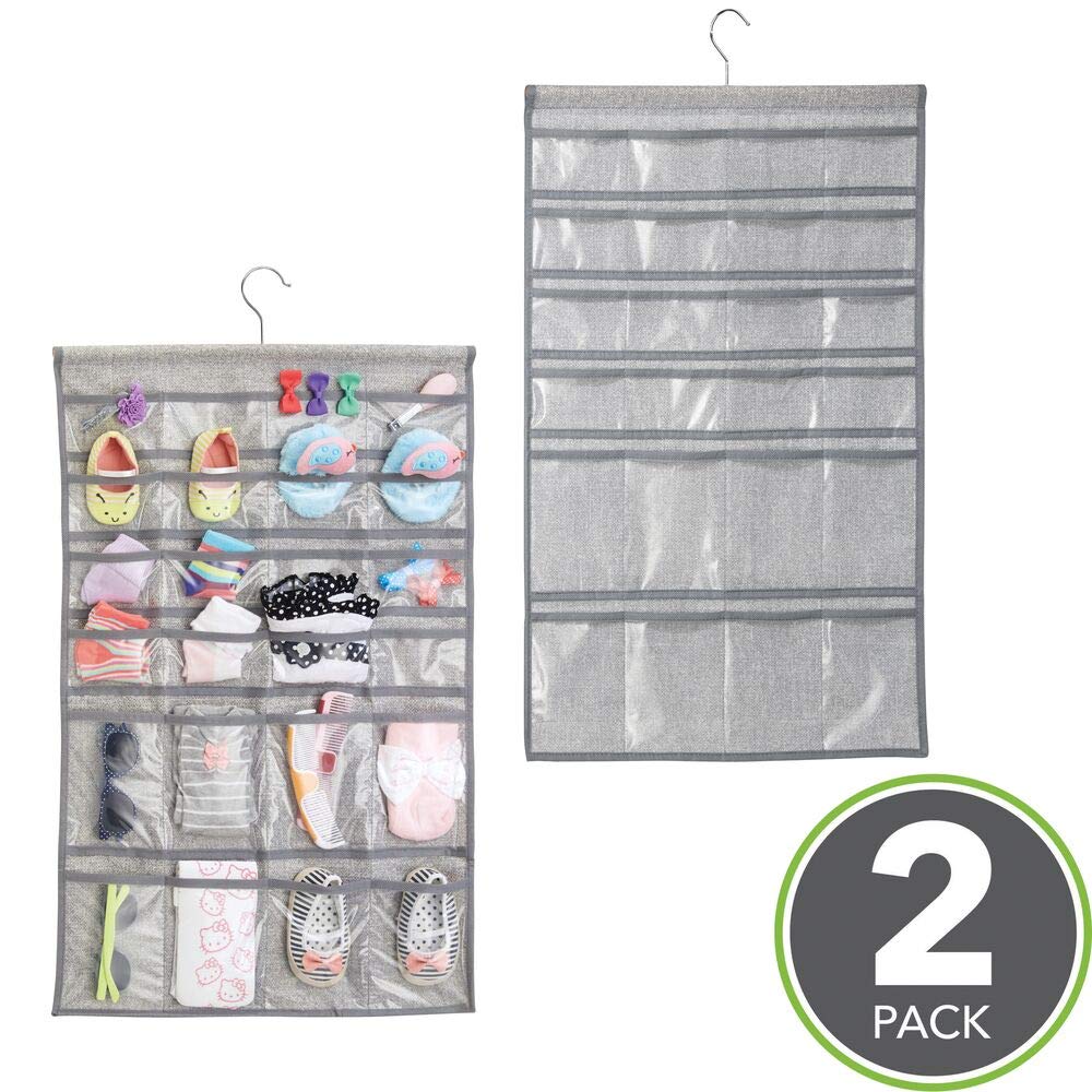 mDesign Soft Fabric Over Rod Hanging Storage Organizer with 48 Pockets for Child/Baby Room, Nursery, Playroom - Metal Hooks Included - Textured Print - 2 Pack - Gray
