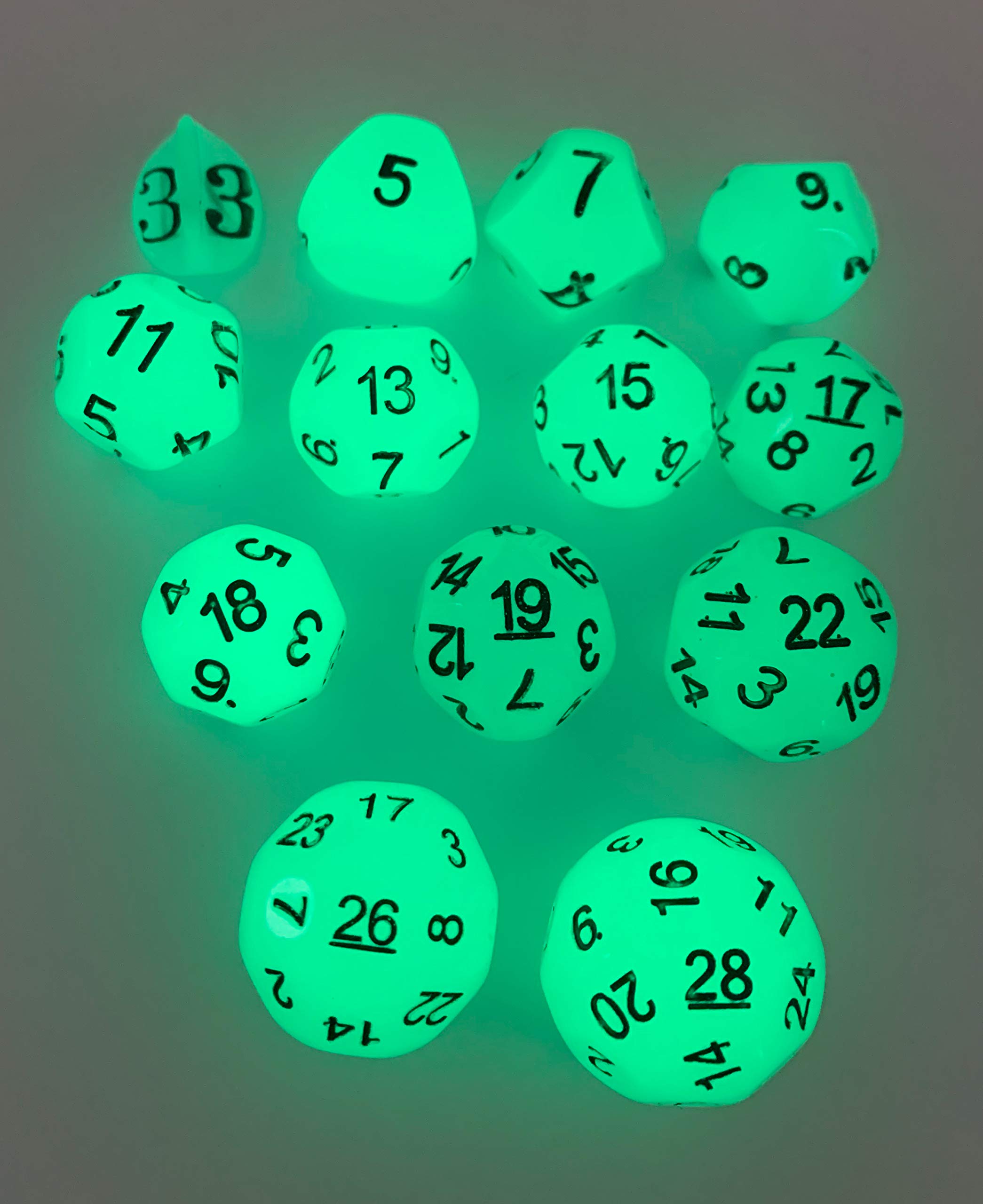Impact! Miniatures Glow in The Dark - Weird RPG Poly Dice Set - D3, D5, D7, D9, D11, D13, D15, D17, D18, D19, D22, D26 & D28