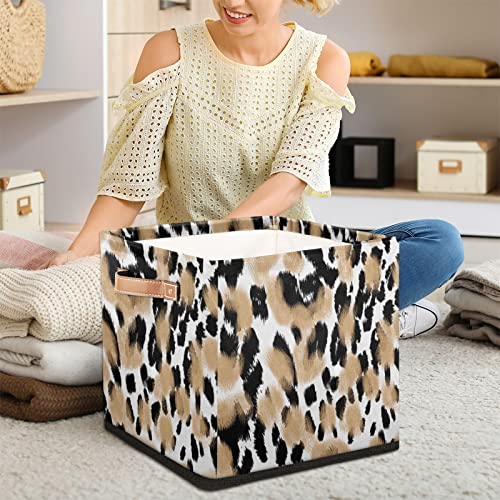 Leopard Print Storage Basket Bins, Animal Tiger Skin Large Foldable Storage Baskets Fabric Organizer Storage Cubes Box with Handles Collapsible Basket for Shelf Closet Nursery Home Office