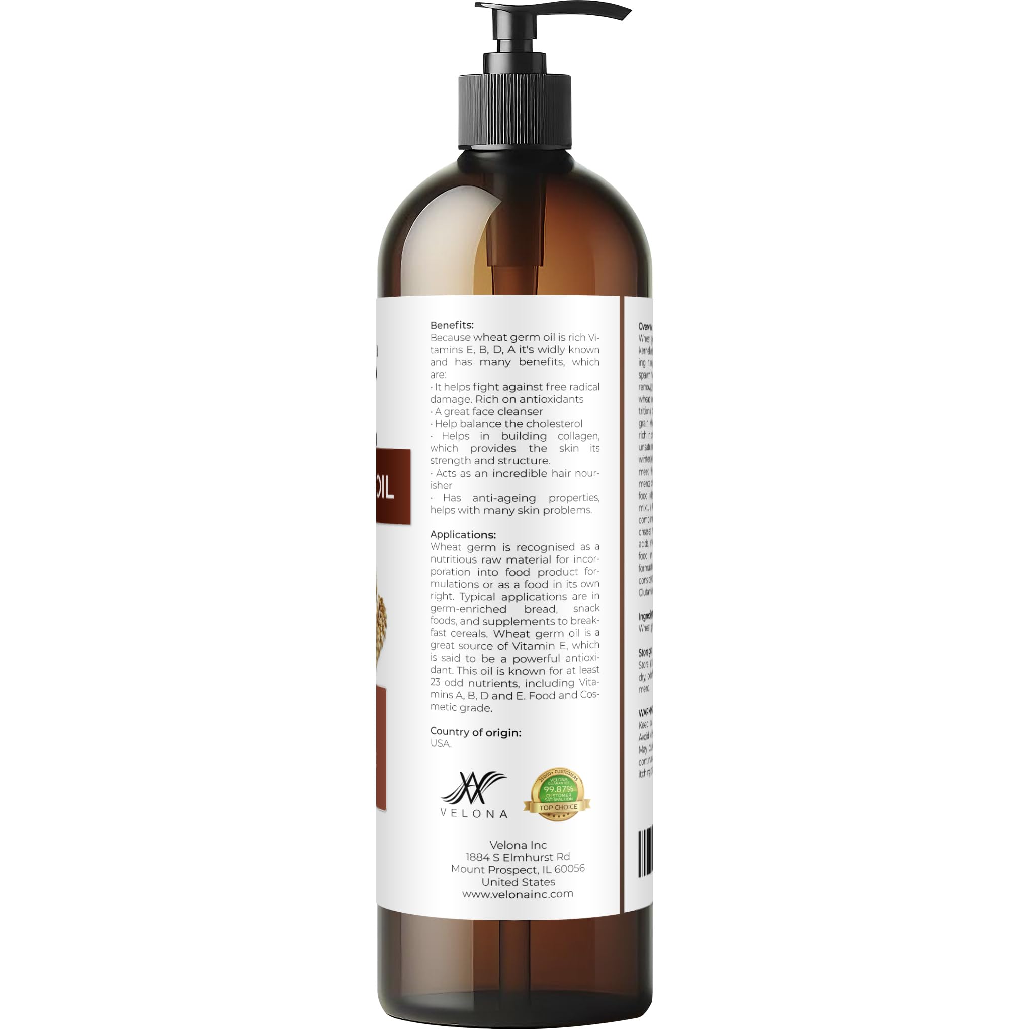 velona Wheat Germ Oil USP Grade 8 fl oz | Natural source of Vitamin E |100% Pure Carrier Oil | Unrefined, Winterized | Cooking, Face, Hair & Skin Care