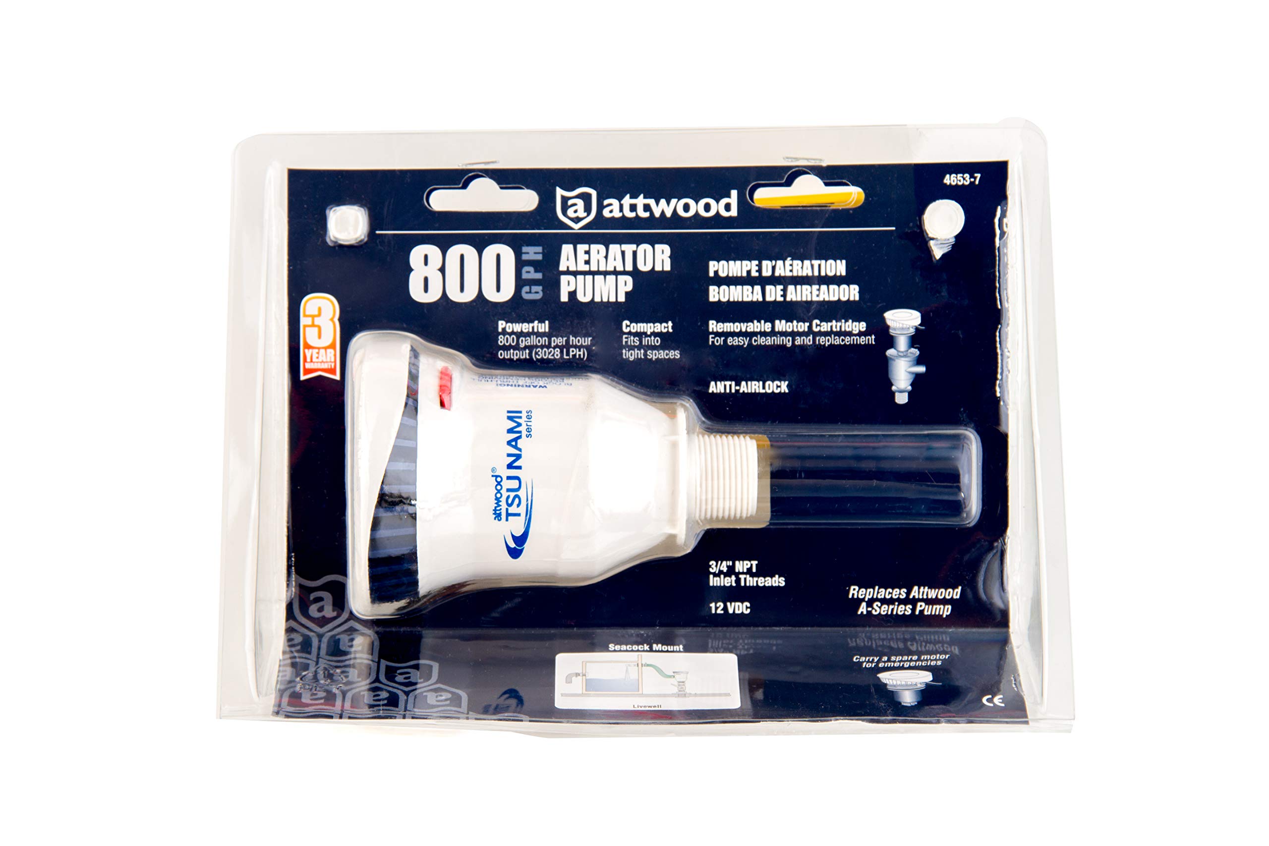 attwood 4653-7 Tsunami Series 800 GPH Fully Submersible Aerator Pump, White Finish, One Size