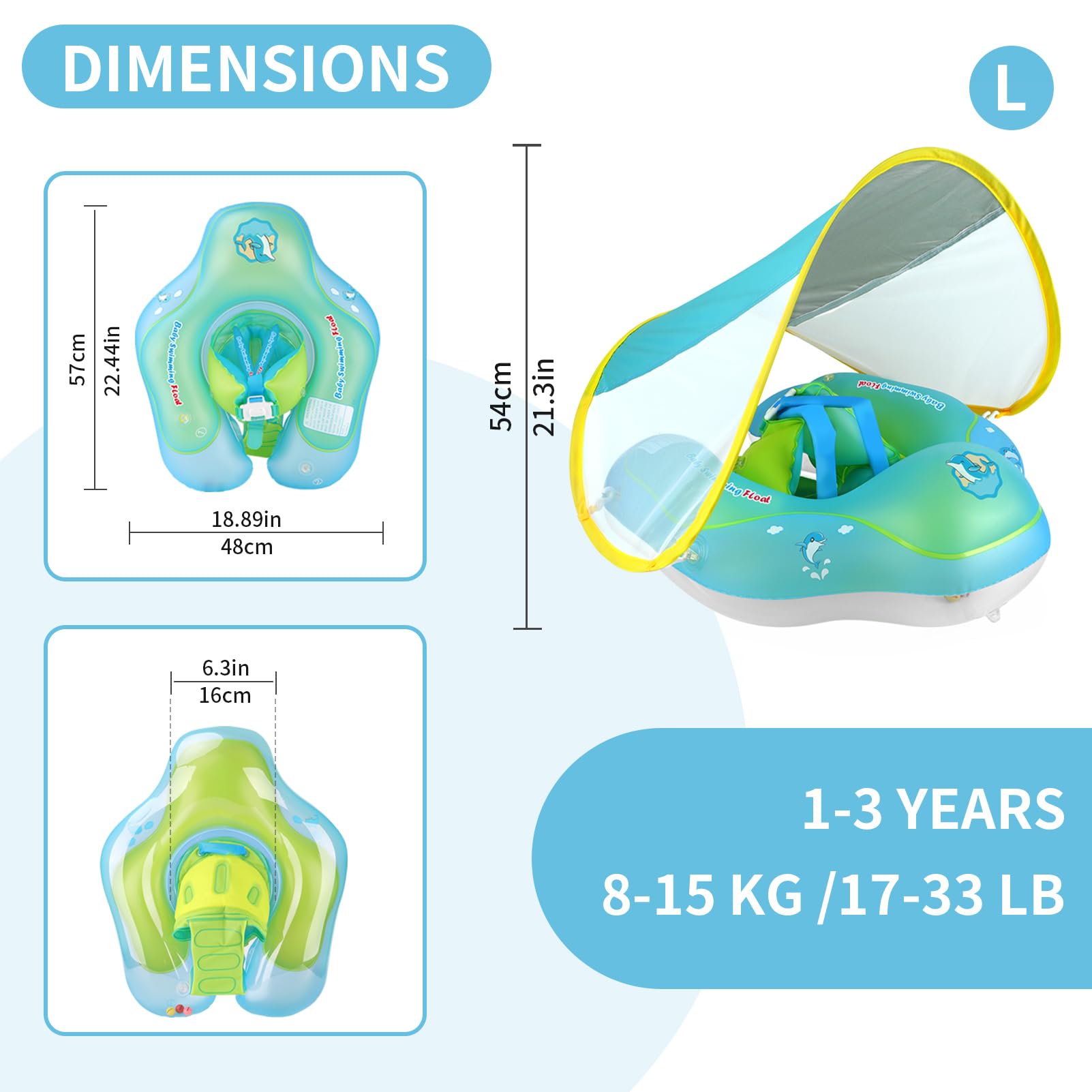 Free Swimming Baby Inflatable Baby Swim Float with Safe Bottom Support and Retractable Canopy for Safer Swim(New Version, L)