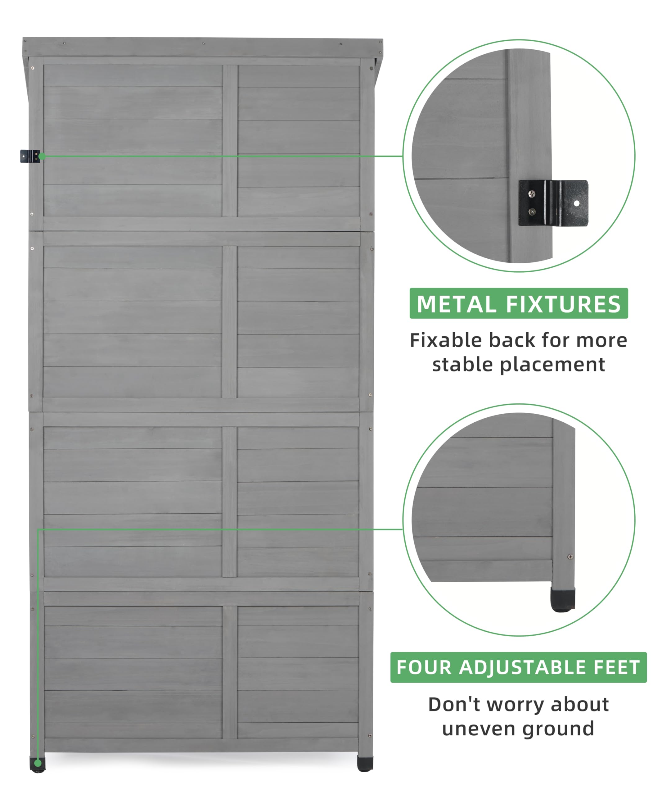 Outdoor Wooden Storage Shed with Metal Top, Tall Vertical Tool Cabinet for Backyard Garden Patio Lawn