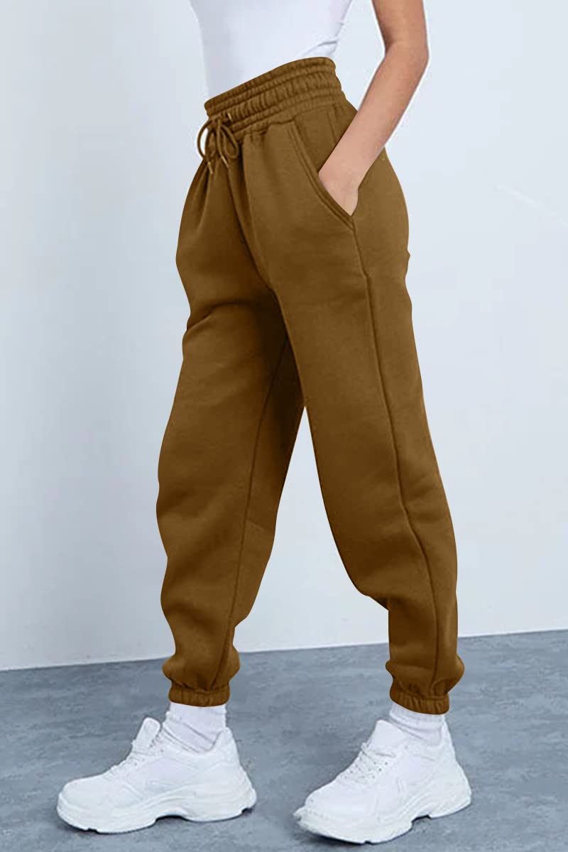 AUTOMET Women’s 2023 Fall High Waisted Sweatpants Baggy Fleece Lined Lounge Pants Petite Wide Leg Drawstring Brown Joggers