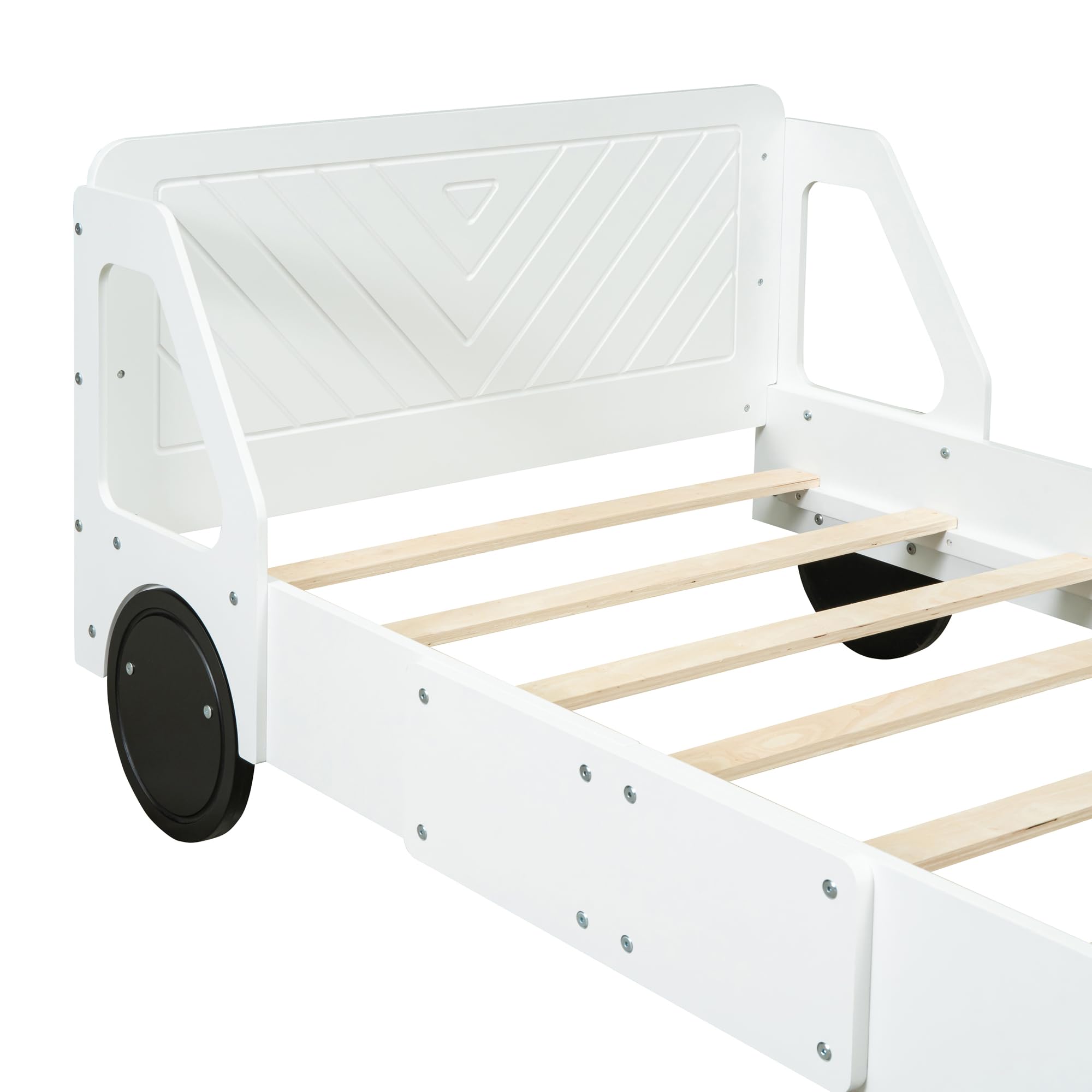 Harper & Bright Designs Twin Size Car-Shaped Bed with Wheels,Twin Kids Bed with Headboard & Footboard,Wood Twin Platform Bed Frame,Lightning McQueen Bed for Kids Boys Girls (White)