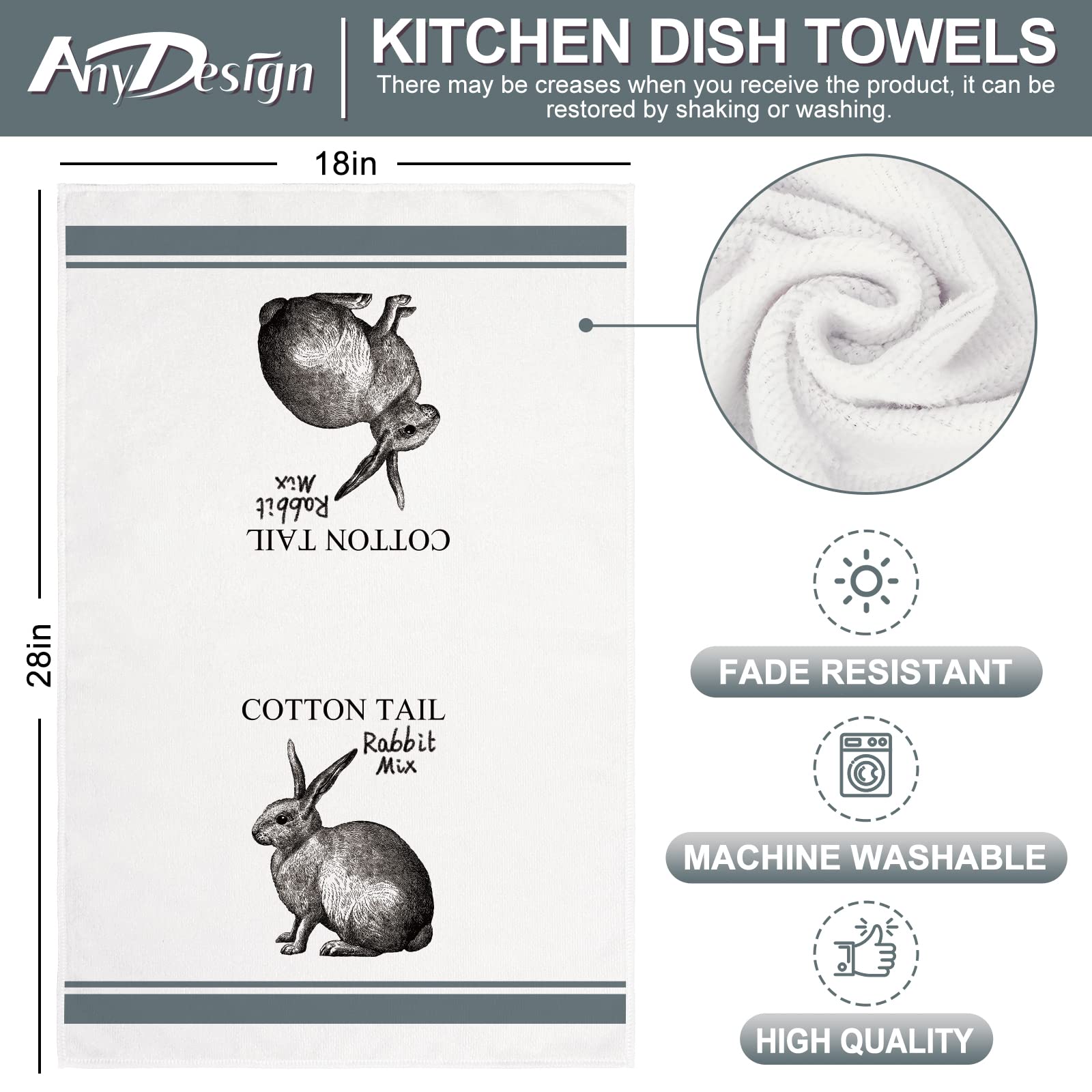 AnyDesign Easter Kitchen Towel Farmhouse Easter Rabbit Bunny Dish Towel Rustic Cotton Tail Rabbit Hand Drying Tea Towel for Spring Cooking Baking Cleaning Wipes, Set of 2, 18 x 28 Inch