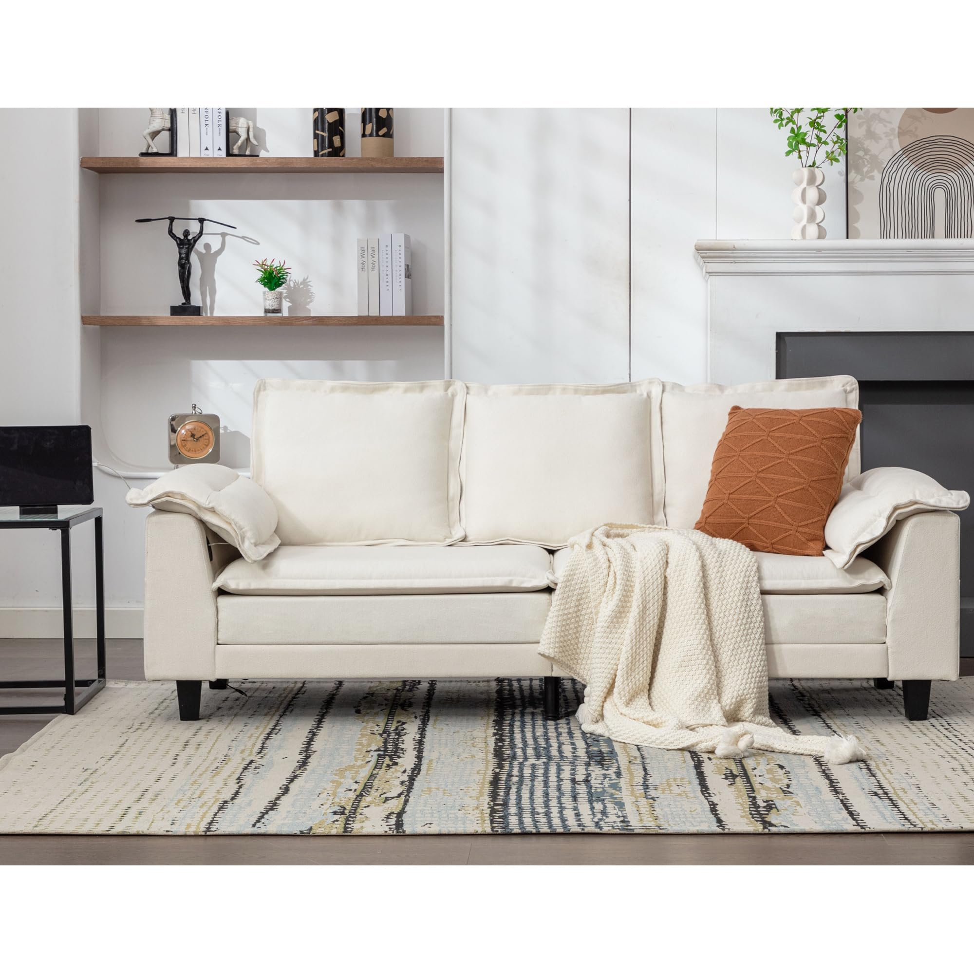 TYBOATLE Sofa Couches for Living Room, Mid-Century Modern Comfy 85" W Loveseat w/ 2 USB Charger & Wide Arms, 3 Seater Cloud Small Couch Sofas for Small Space Apartment Bedroom Office (Chenille Beige)