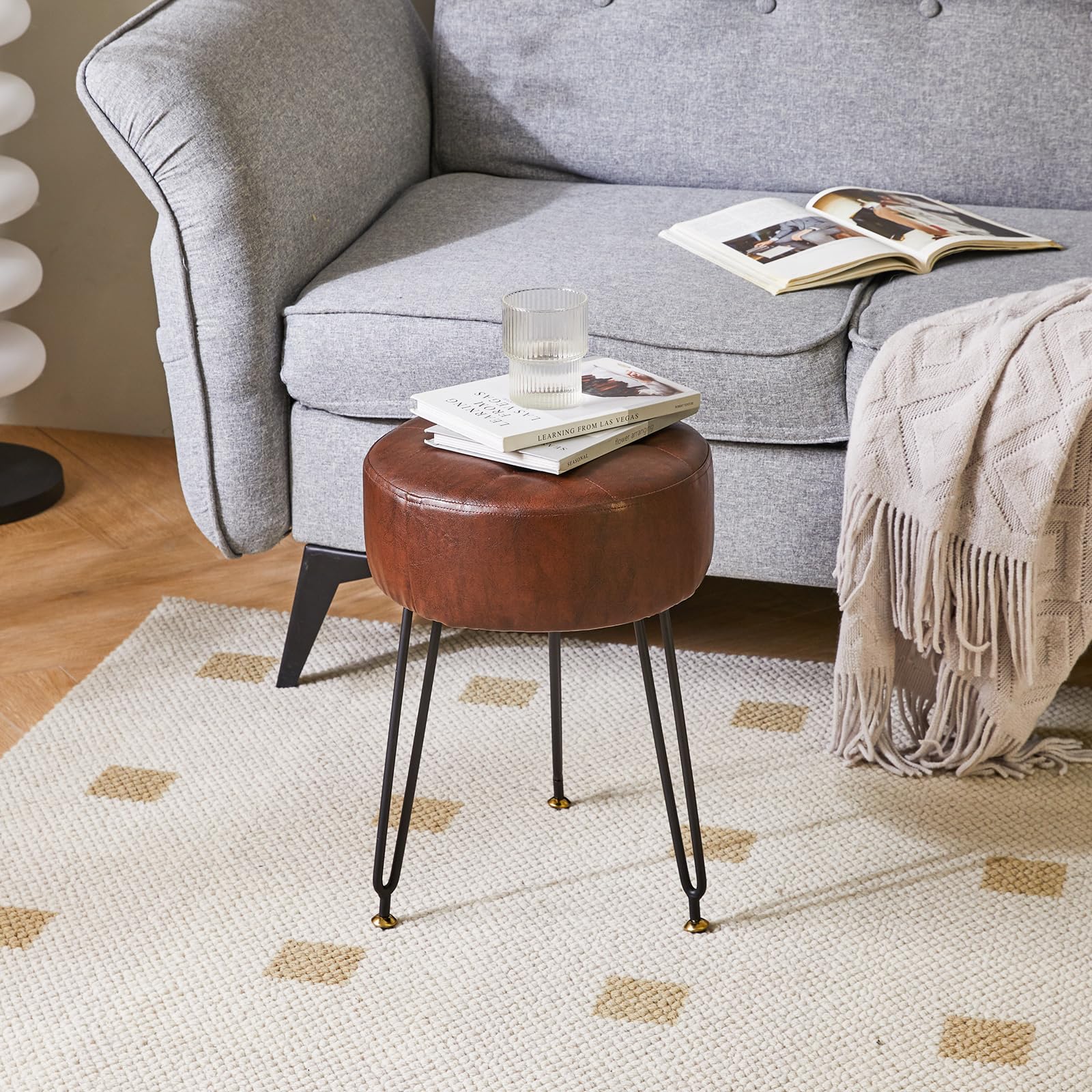 IBUYKE Faux Leather Round Footrest Stool, Makeup Vanity Stool Side Table, PU Dressing Table Seat, Pouf Couch Stool, Golden Steel Legs, Black LG-31B