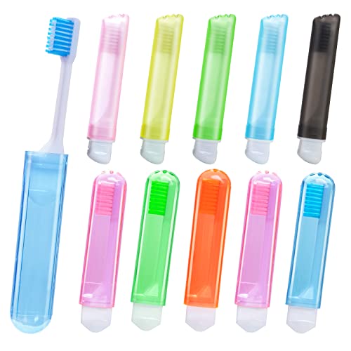 Fengek 10 Pieces Travel Toothbrush Kit, Mini Folding Toothbrushes with Case Portable Camping Toothbrush for Adults Travel, Hiking, Business Trip, 2 Styles 9 Colors