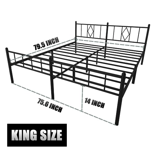 Emiosmt 14in Metal Bed Frame King Size with Headboard and Footboard, Heavy Duty Mattress Foundation with Steel Slats Support, No Box Spring Needed, Non-Slip, Noise Free, Easy Assembly, Black