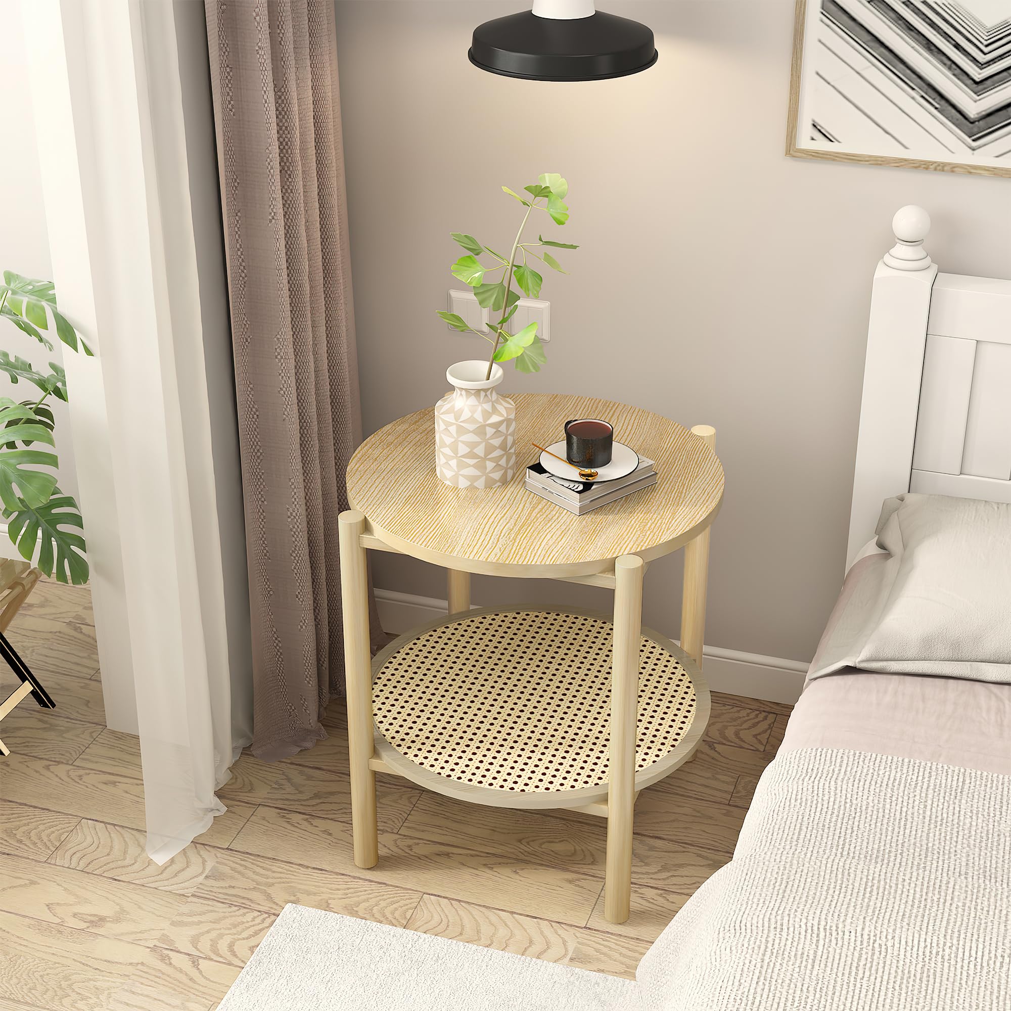 AWQM 2-Tier Round Side Table, Rattan End Table Nightstand with Solid Wood Feet,Boho Bedside Tables Accent Small Coffee Table for Bedroom, Living Room,Natural,1pcs