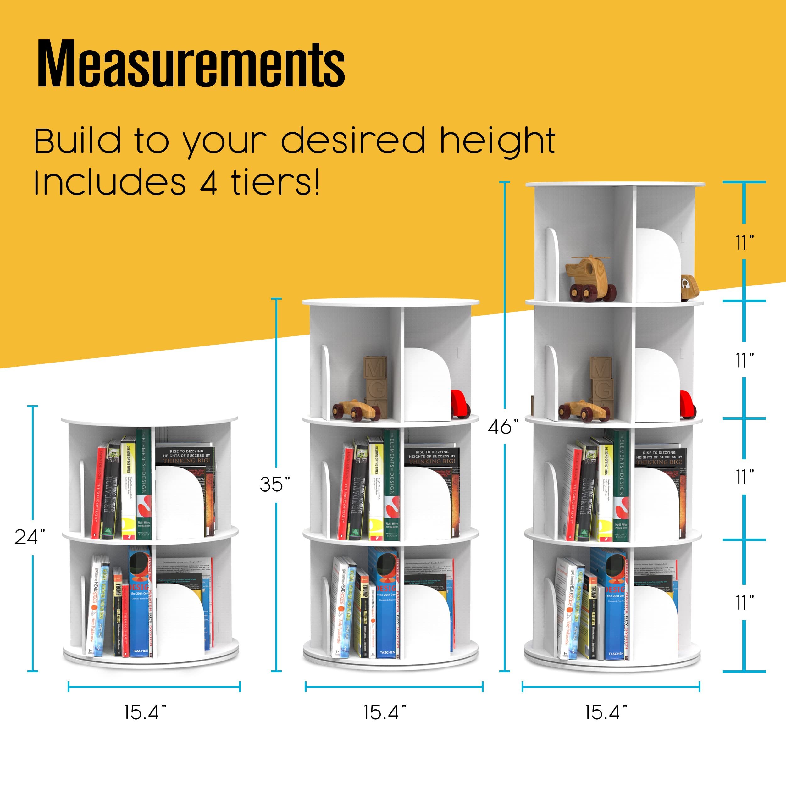 Rotating Bookshelf, Revolving Bookcase, Spinning Book Shelf, 4 Tier, 18.2β W x 50.6β H, White, Wood, 360 Degrees Bookshelves, Floor Stand, Rotation Display Tower, Stackable, Round, for Kids, Children