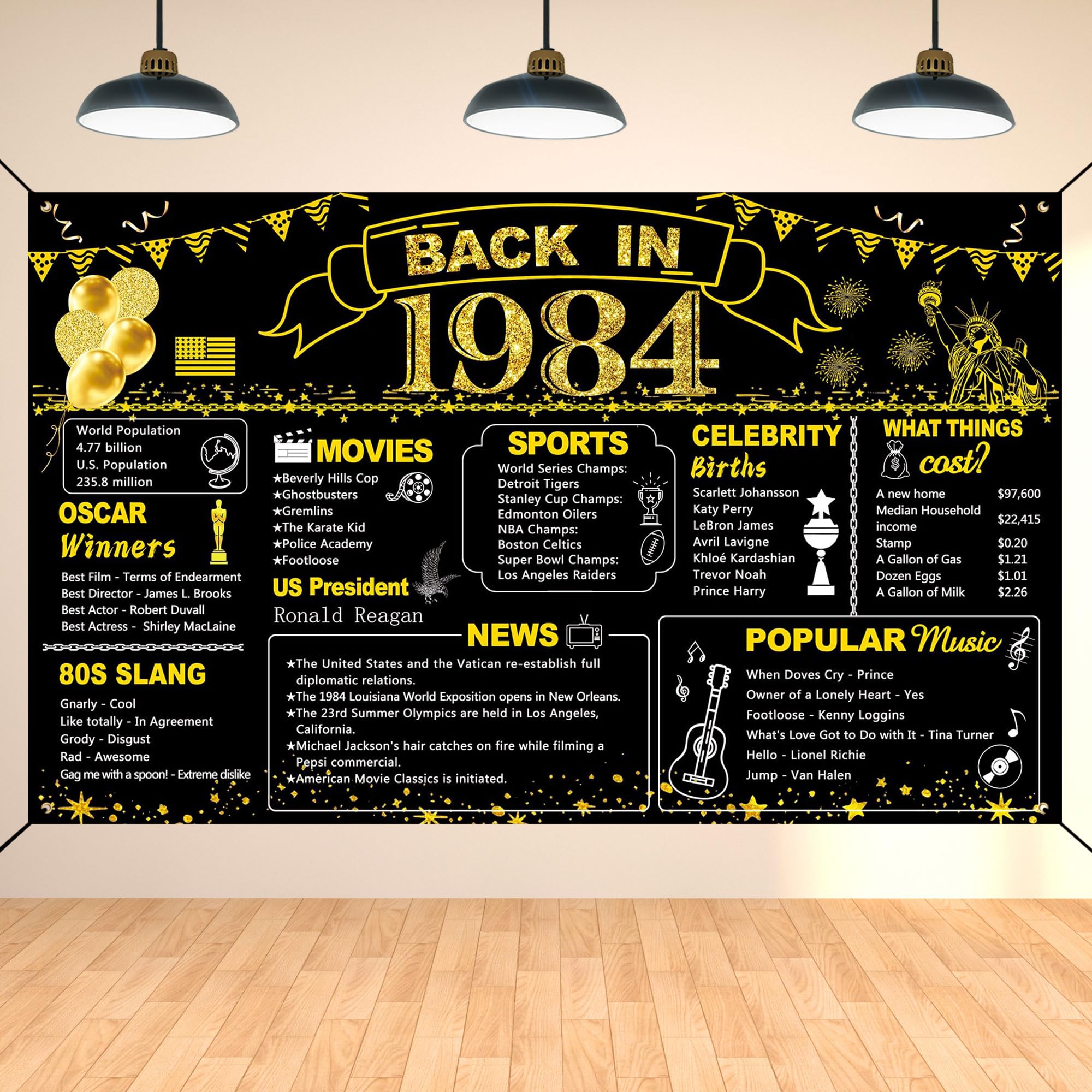 DARUNAXY 40th Birthday Black Gold Party Decoration, Back in 1984 Banner 40 Year Old Birthday Party Poster Supplies Vintage 1984 Backdrop Photography Background for Men & Women 40th Class Reunion Decor