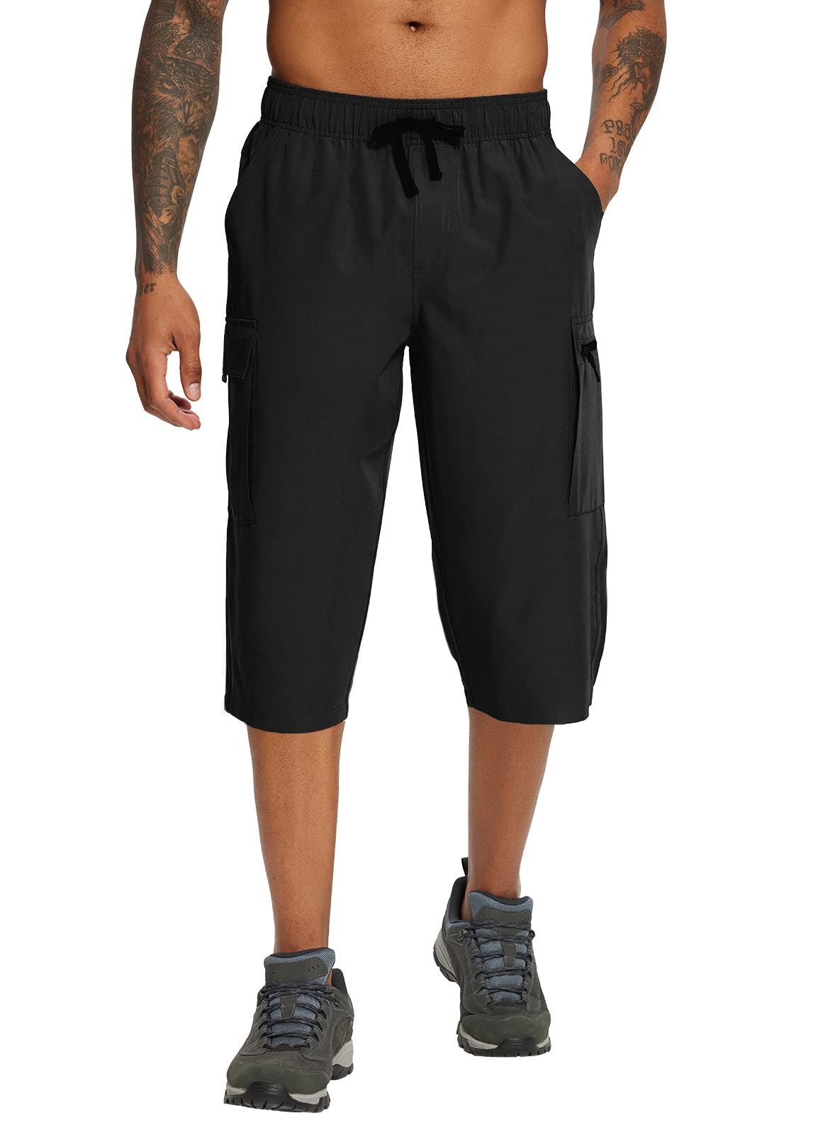 BALEAF Men's Long Shorts Below Knee 15" Capri Pants Hiking Cargo Pockets Quick Dry Lightweight Elastic Waistband Gym Black 2XL
