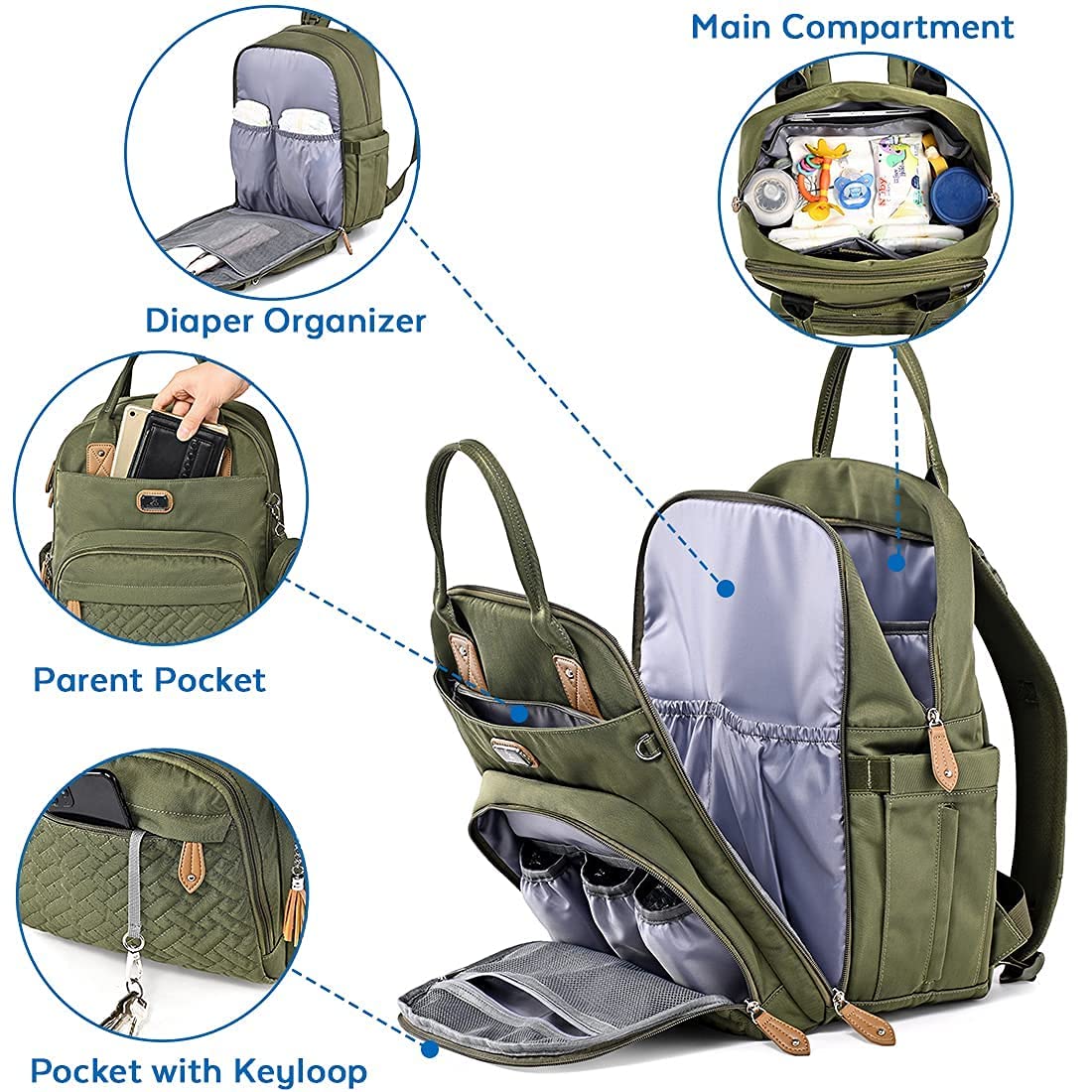 Dikaslon Diaper Bag Backpack, Stroller Hooks, Large Unisex Baby Bags with Changing Pad, Pacifier Case and Universal Stroller Clips for Mom Dad
