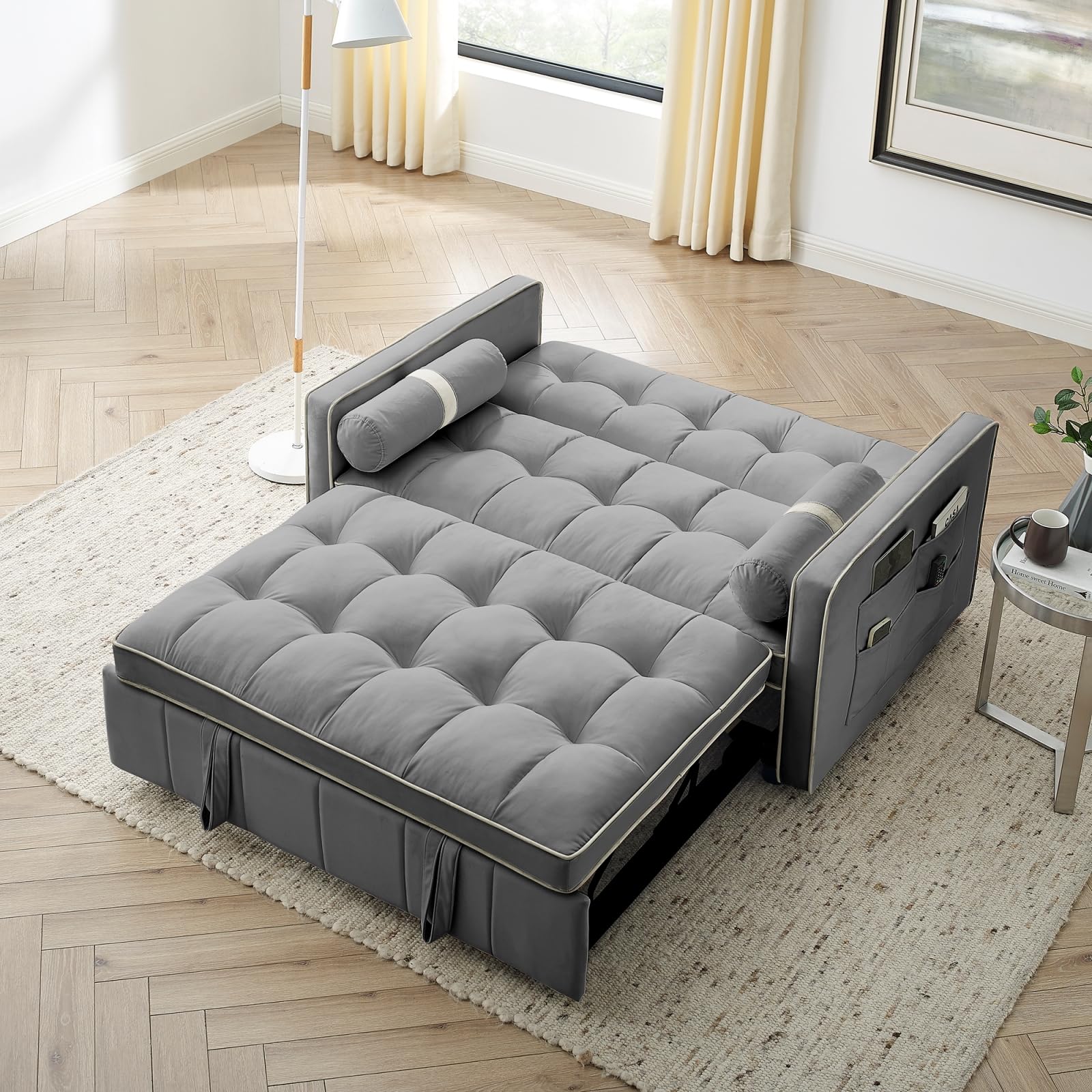 AUGOP 3 in 1 Convertible Sleeper Couch Bed,Modern Pullout Couch Pull Out Bed,Adjustable Backrest,Two Cylindrical Pillows,Multi-Pockets,Loveseat Futon Sofa for Living Room Furniture (Grey, Style A)