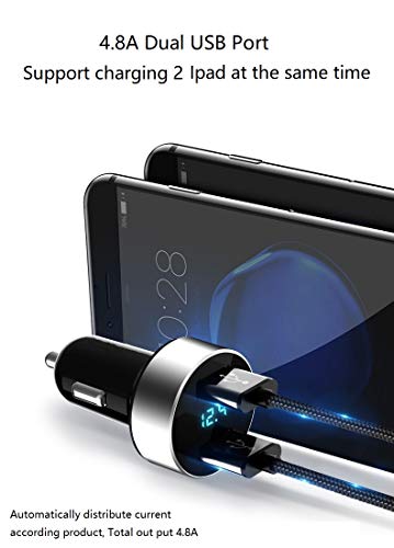 LIHAN Dual USB Car Charger,4.8A Output,Cigarette Lighter Voltage Meter Compatible with Apple iPhone,iPad,Samsung Galaxy,LG,Google Nexus,USB Charging Devices,Silver