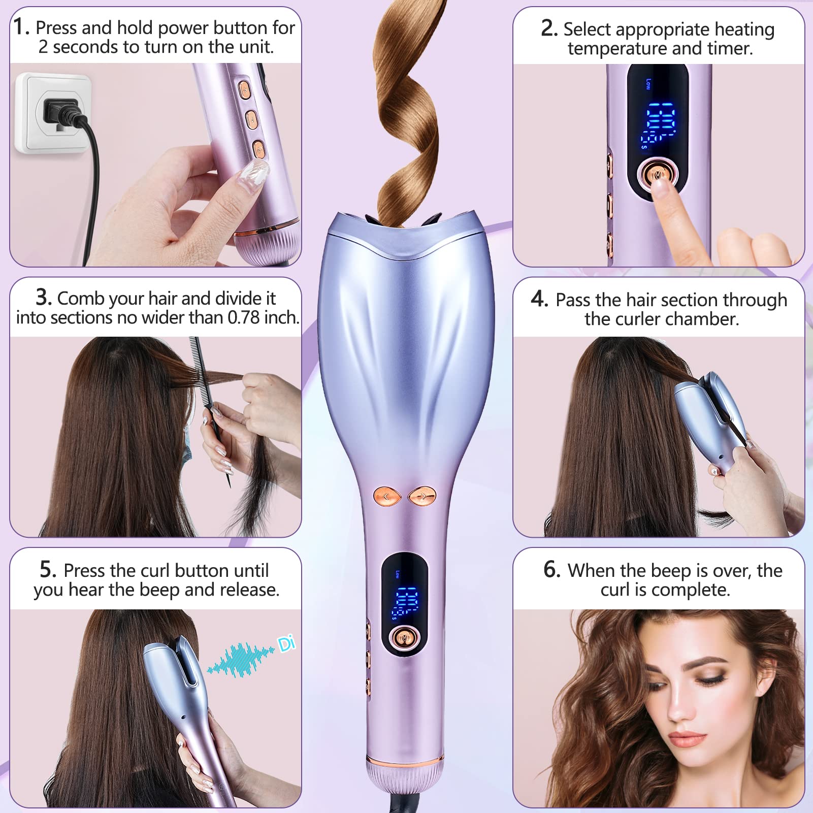 Augot Automatic Curling Iron, Portable Electric Curling Iron Hair Curling Wand with Adjustable Temperature and Timer, 30 Min Auto Shut-off, PTC Heating Automatic Hair Curler for Long Hair Styling Tool