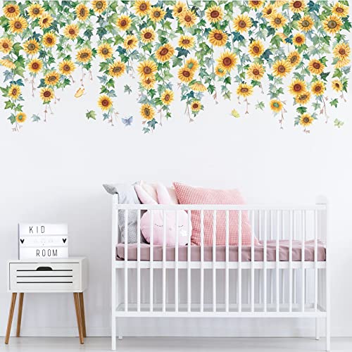 Sunflower Wall Sticker Flower Vines Hanging Wall Decal Green Leaves Floral Wall Art for Bedroom Bathoom Kids Wall Decor