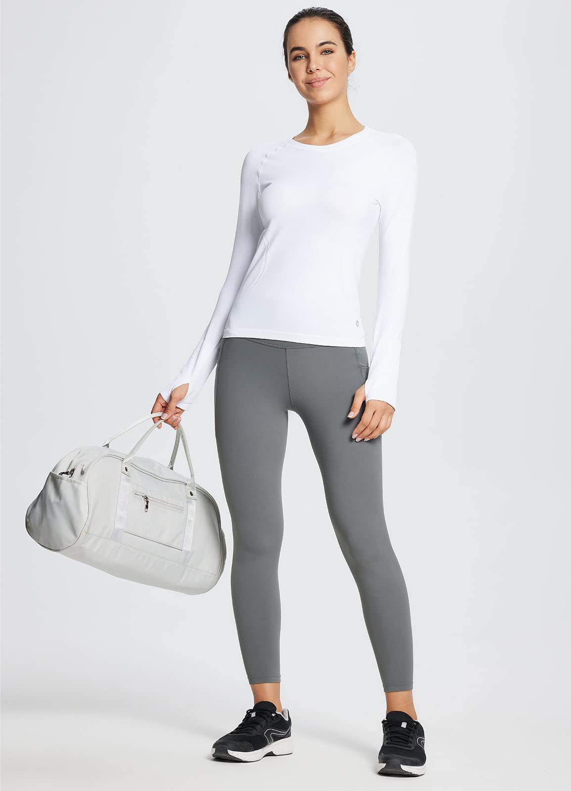 BALEAF Women's Long Sleeve Workout Athletic Seamless Shirts Tight Yoga Running Gym Fitted Tops with Thumb Holes White S