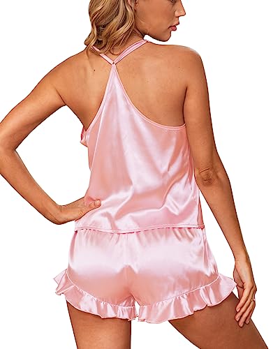 FERDAT Women's Silk Pajamas Set Satin Ruffle Lingerie 2 Piece Pjs Cami Top and Shorts Sleepwear Pink
