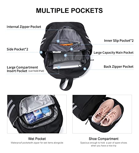 Gym Backpack for Women with Shoes Compartment & Wet Pocket,Travel Backpack Waterproof, Black Backpack