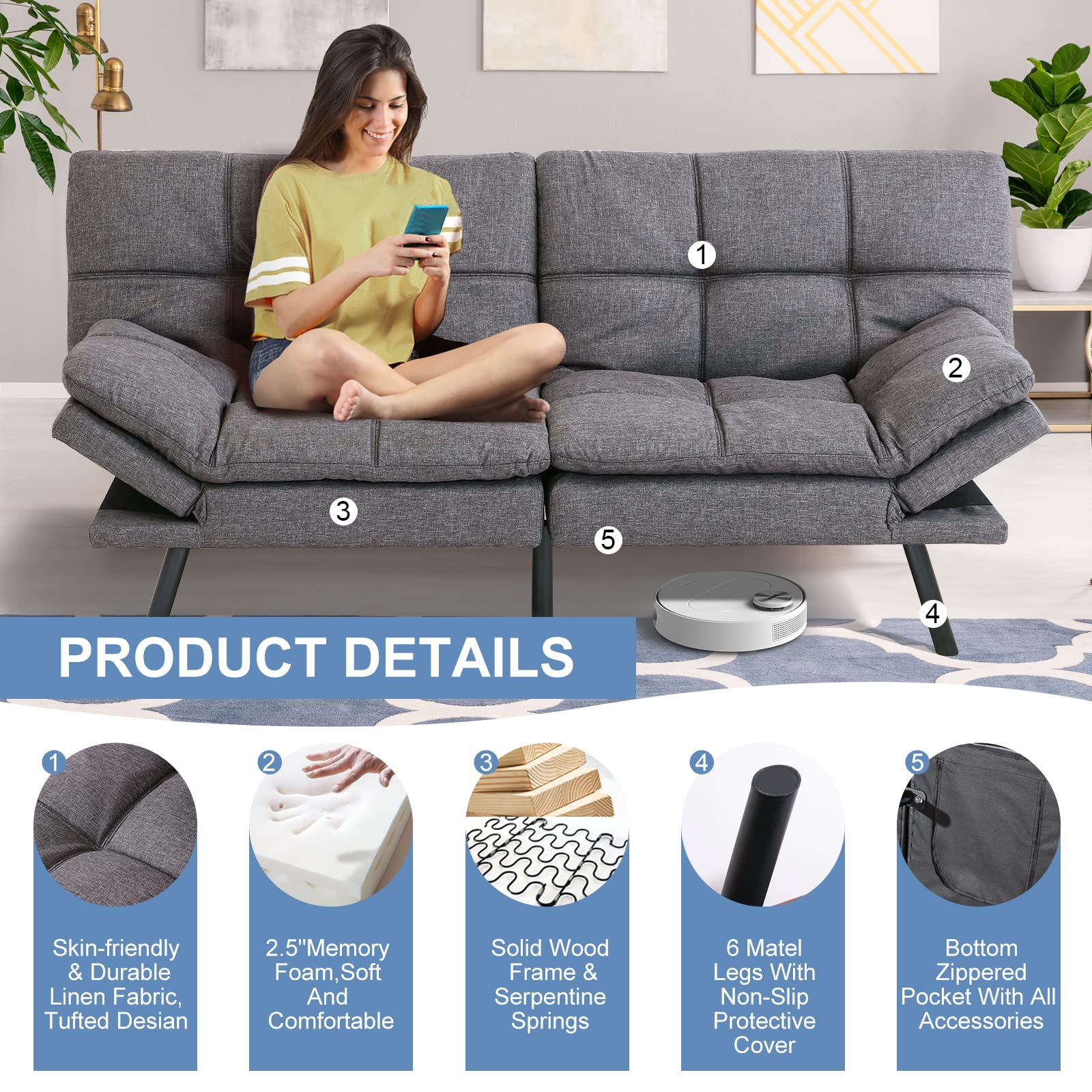 MUUEGM Futon Sofa Bed Couch,Memory Foam Convertible Futon Sofa Sleeper Couch, Modern Small Love seat Sofa for Living Room,Compact Space,Office,Dorm,Apartment,Adjustable Armrests Backrests,71",Grey