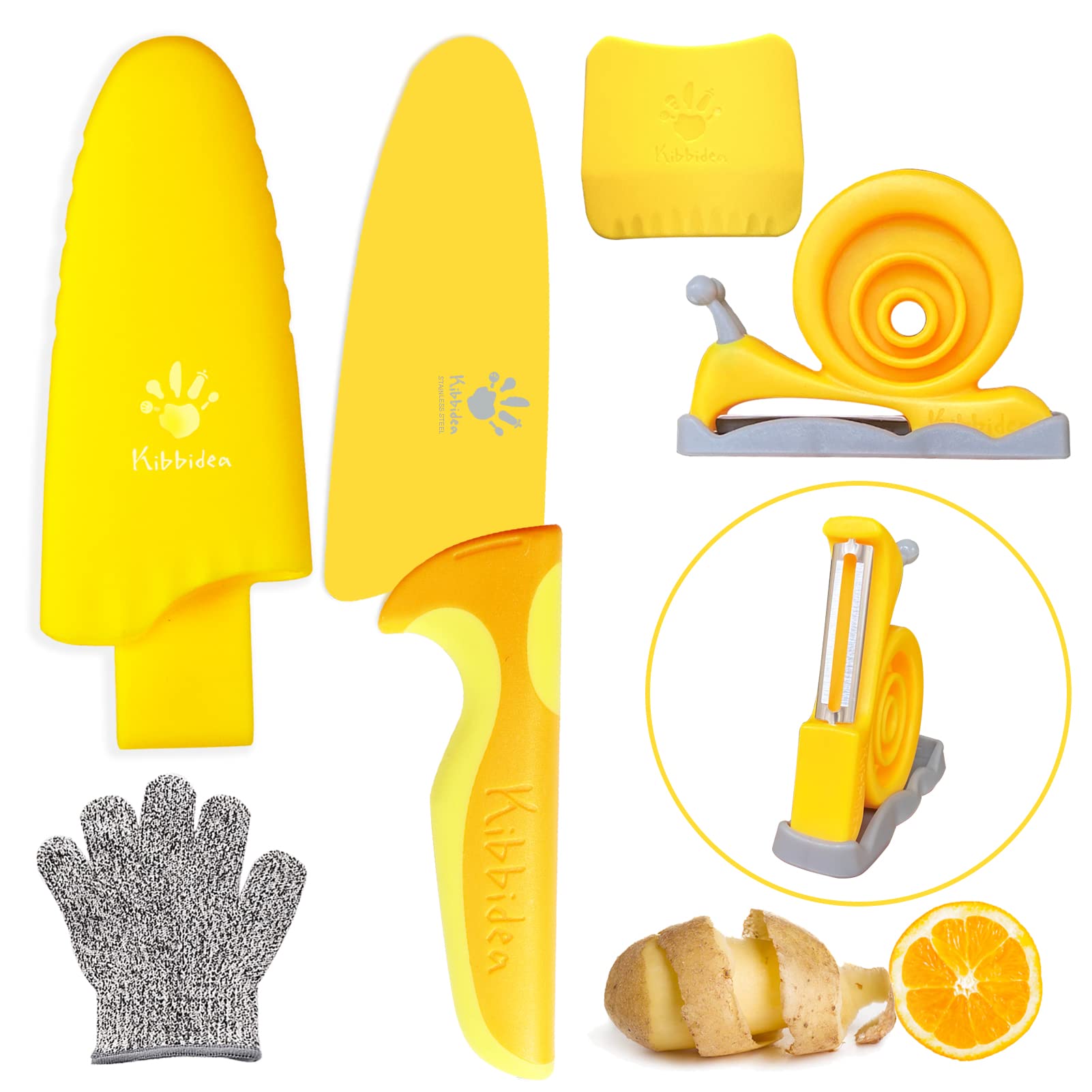 Kibbidea Kids Knife Set, 4-Piece Kids Cooking Sets Real, Stainless Steel Kids Kitchen Chef's Knives with Peeler, Finger Guard, Protective Glove for Cutting Peeling (Blue)