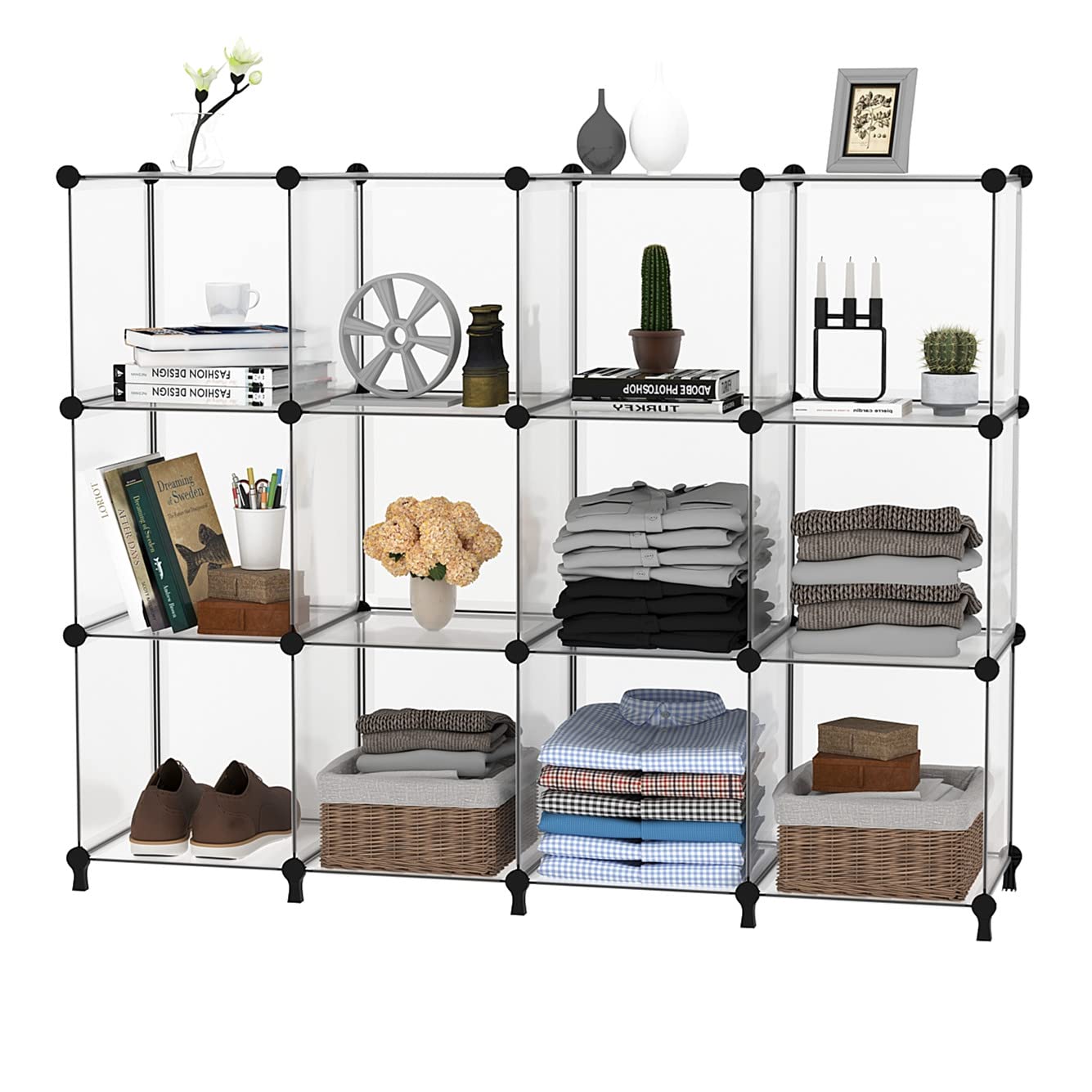 AWTATOS Cube Storage Organizer Modular Storage 12 Cube Bookshelf DIY Plastic Closet Storage Shelves with Wooden Mallet, Ideal Storage Solution for Home, Office, Bedroom, Translucent White