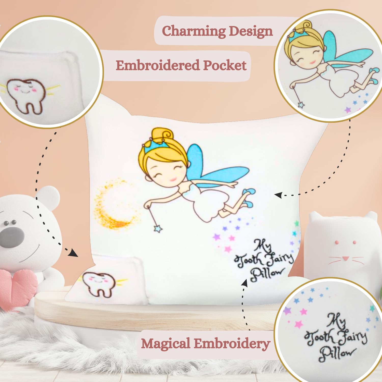 Liv & Oak Tooth Fairy Pillow - Large 10β x 10β Plush Pillow W/3β x 3β Embroidered Pocket for Lost Teeth - Fairy Design, Non-Toxic 100% Polyester - Perfect Keepsake Gift for Boys & Girls