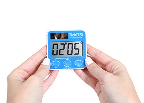 TickiT Dual Power Timers - Set of 5 - Red, Yellow, Green, Blue, White - Solar and Battery Powered Digital Timers - Includes Stand and Wall Mount Slot