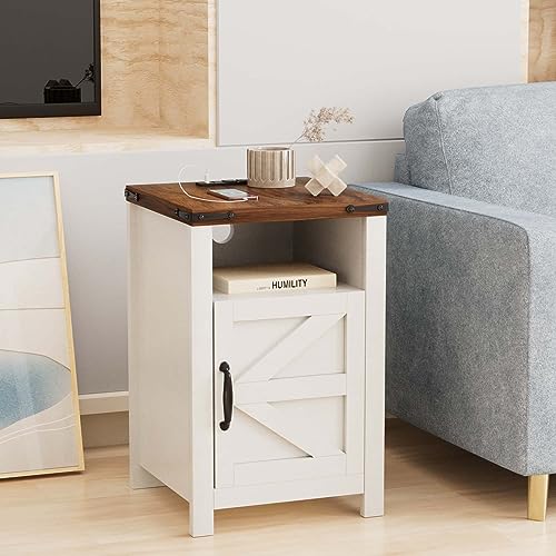 Breezestival Farmhouse Nightstand, End Table with USB and Socket, Wooden Side Table with Barn Door, Set of 2 with Storage Space, Suitable for Bedroom,Living Room, White