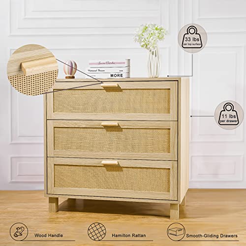 Graficial 3 Drawer Dresser, Rattan Chest of Drawers, Closet Storage Bedside Table Dresser for Bedroom