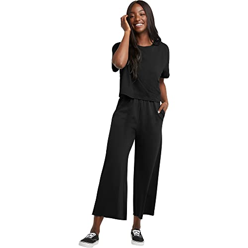 Hanes Women's Originals Boxy T-Shirt with Rolled Sleeves, 100% Cotton Crop Top, Black