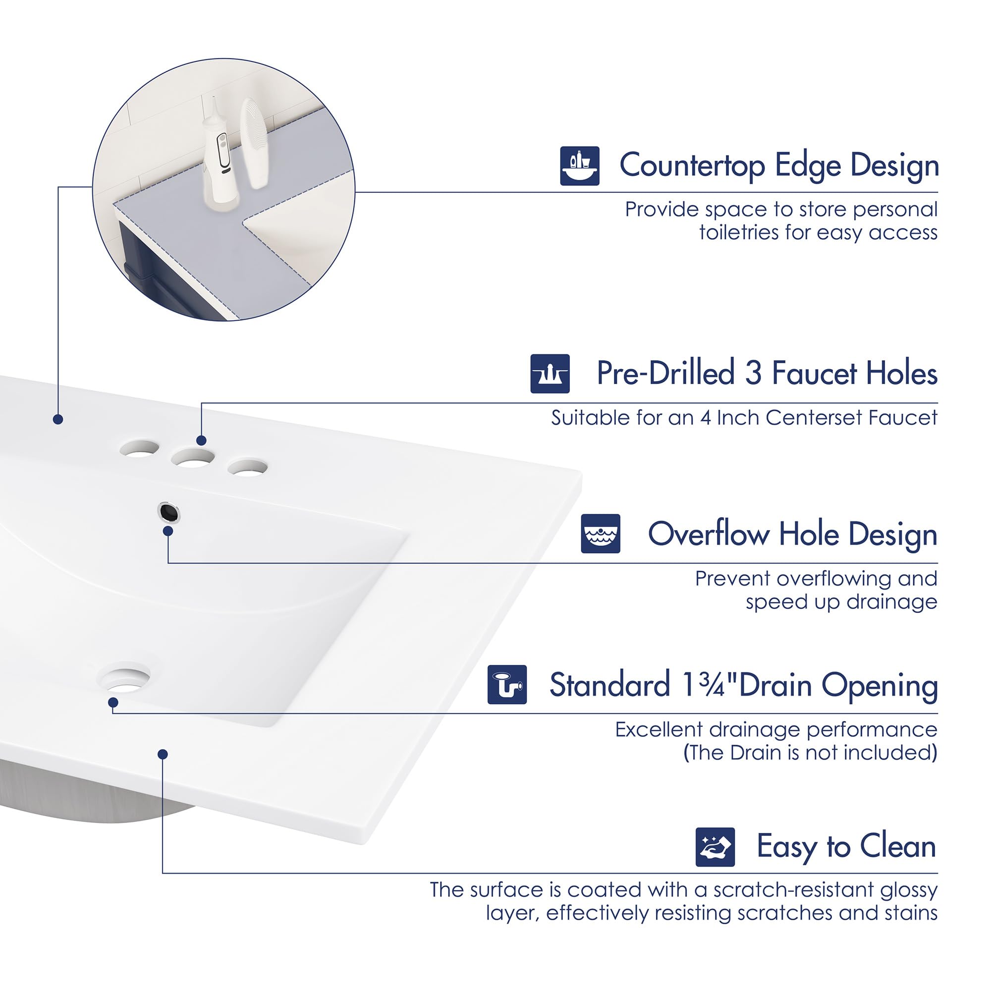 Eridanus 24"x18¼" Bathroom Sink with Three Holes (4inch Centerset), Ceramic Bathroom Vanity Sink Top with Overflow, Drop in Bathroom Vessel Sink Rectangle Ideal for Small Spaces - Glossy White