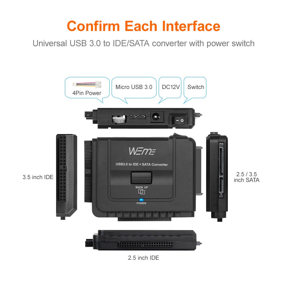 WEme USB 3.0 to SATA/IDE Adapter with Universal 2.5/3.5 Hard Drive Disk Converter for HDD/SSD & IDE HDD Support 6TB and One-Touch Backup Include 12V 2A Power Adapter + USB 3.0 Cable for Laptop