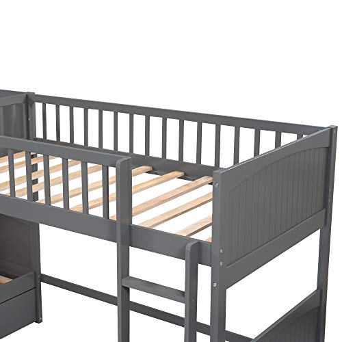 Harper & Bright Designs L-Shaped Twin Size Bunk Bed and Loft Bed with Two Storage Drawers and Guardrail (Grey)