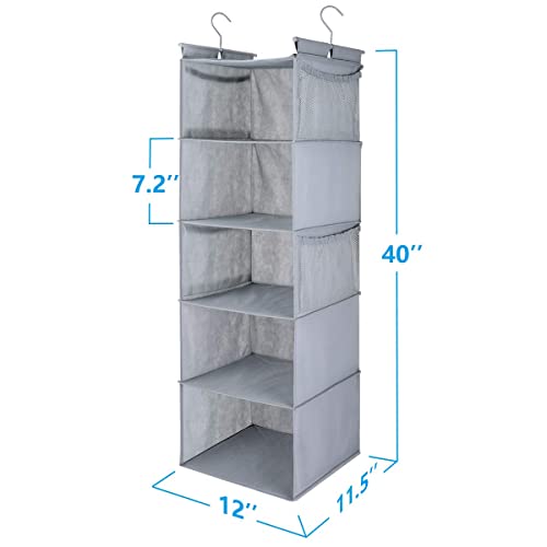 MAX Houser 5 Shelf Hanging Closet Organizer,Space Saver, Closet Hanging Shelves with (4) Side Pockets,Foldable,Light Grey