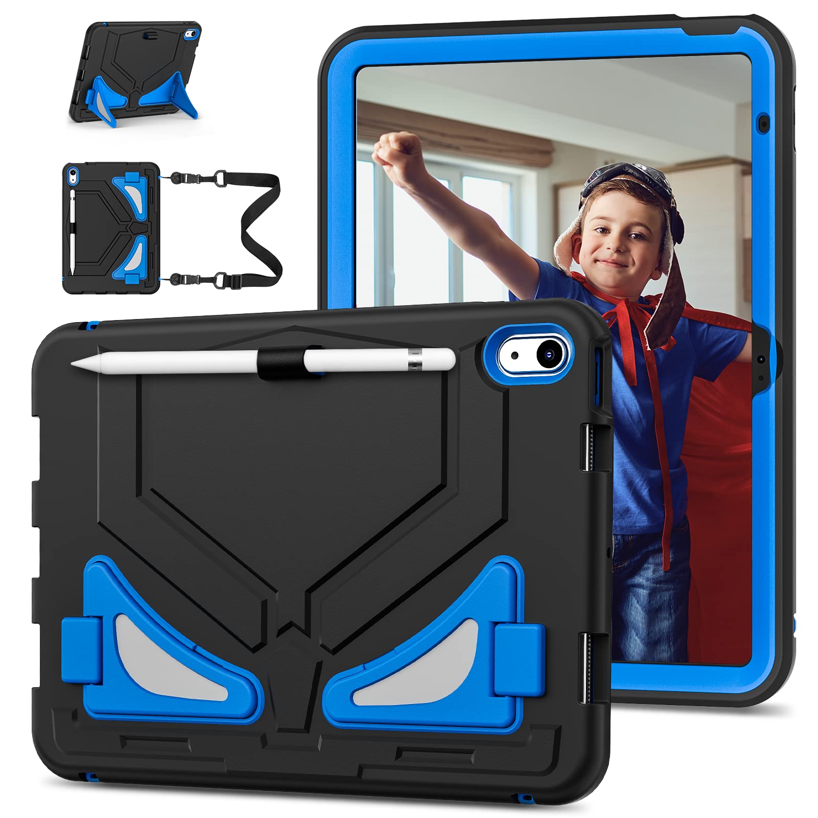 Auizotl 10th Generation Case, Kids Friendly Case 10th Generation with Pencil Holder Shoulder Strap Kickstand, Heavy Duty Shockproof 10th Gen Case 10.9 Inch for Kids 2022, Black Blue