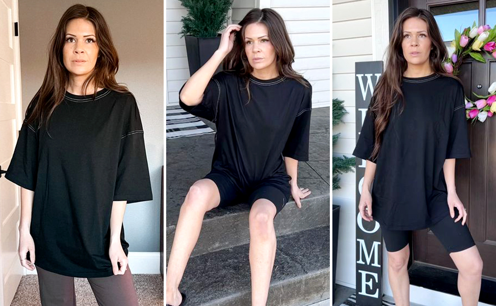 FSHAOES Women's Oversized T Shirts Casual Loose Half Sleeve Drop Shoulder Tees Summer Round Neck Cotton Tunic Tops Black