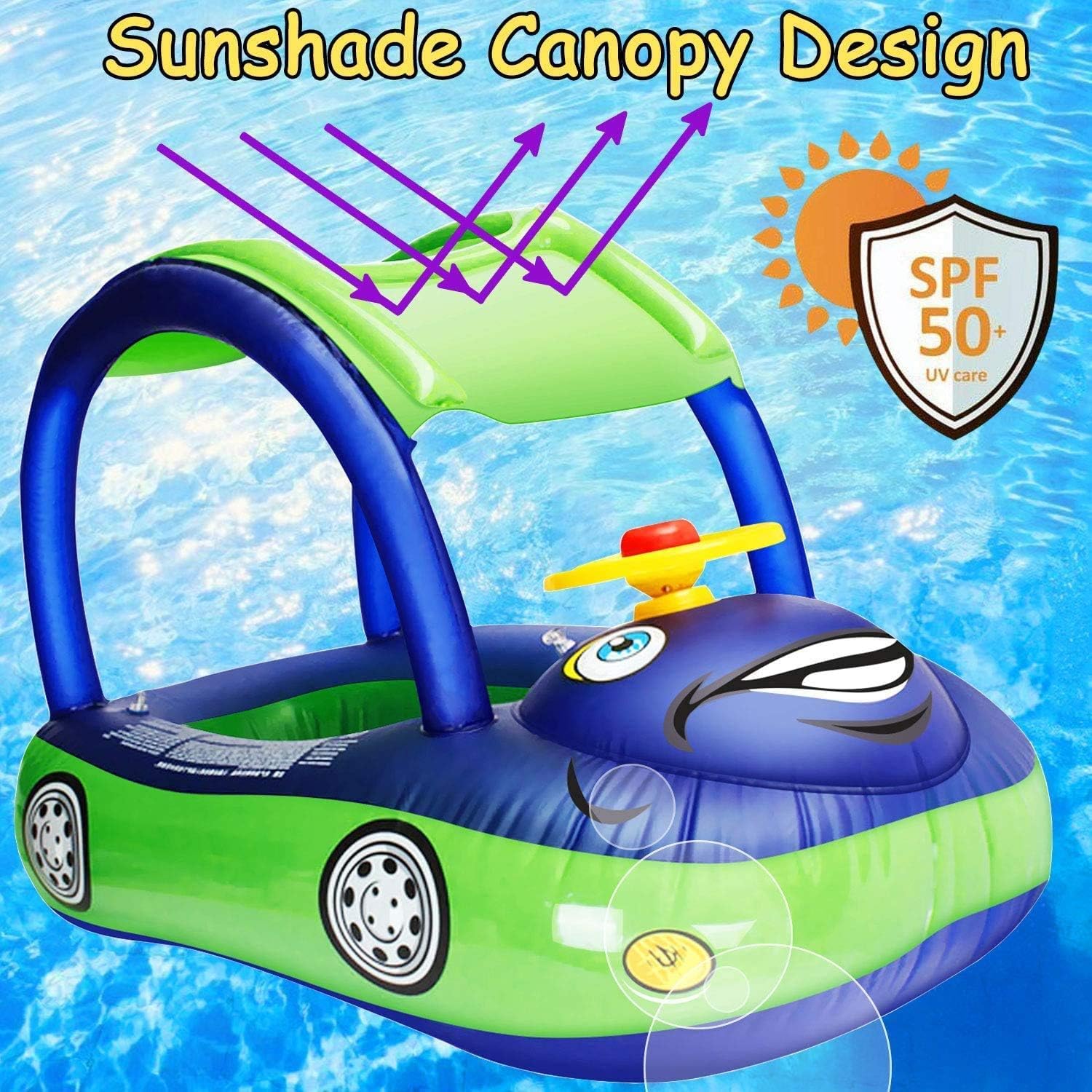 iGeeKid Inflatable Baby Pool Float with Canopy, Safty Seat for Infant Baby Swim Float Rings Car Shaped Swimming Pool Floaties for Baby Toddler Age of 6-36 Months (Blue)